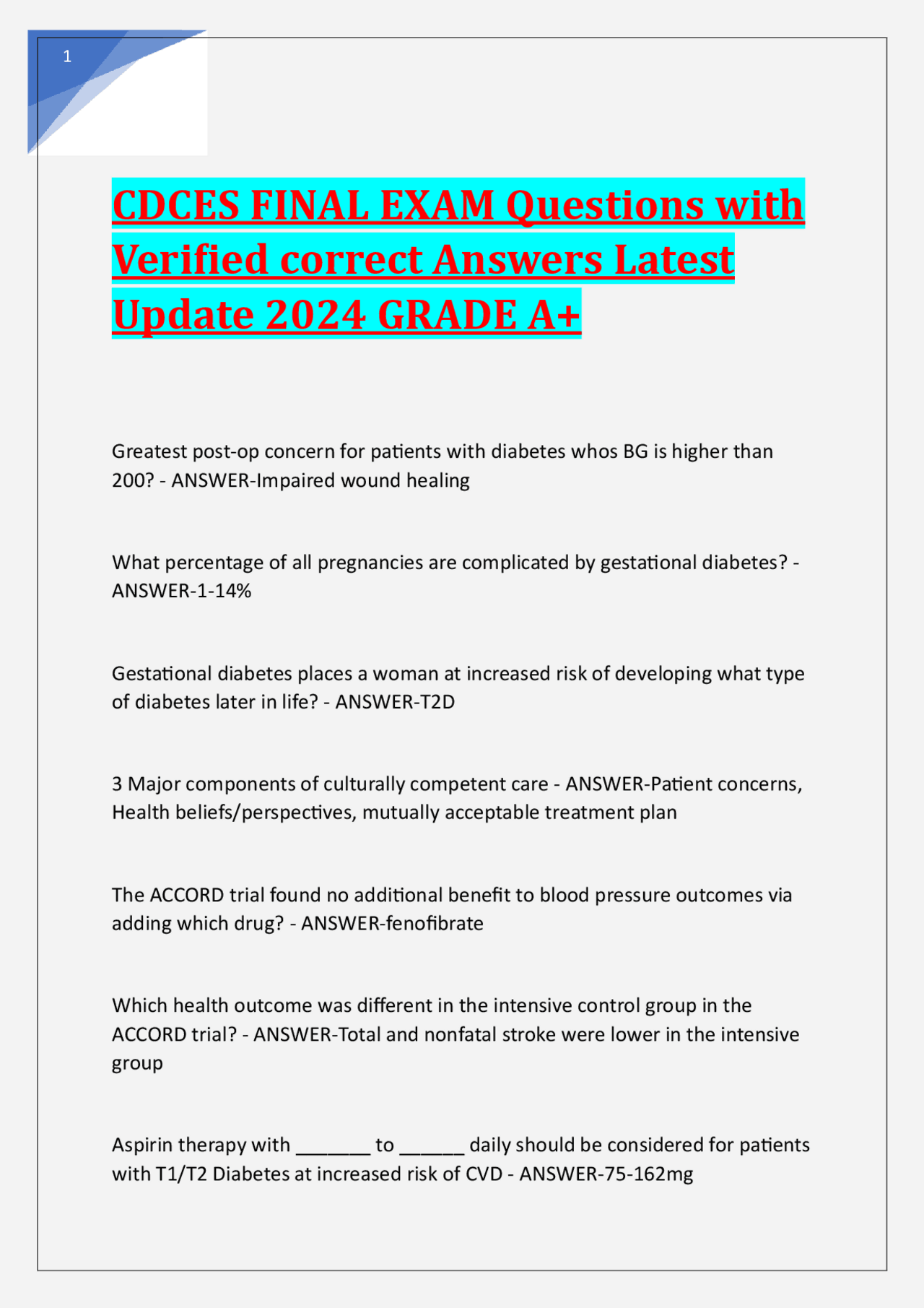 CDCES FINAL EXAM Questions with Verified correct Answers Latest Update ...