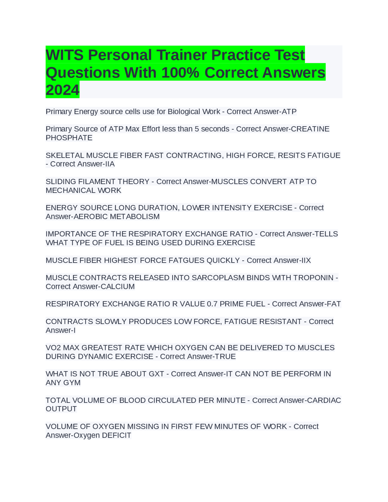 WITS Personal Trainer Practice Test Questions With 100% Correct Answers ...