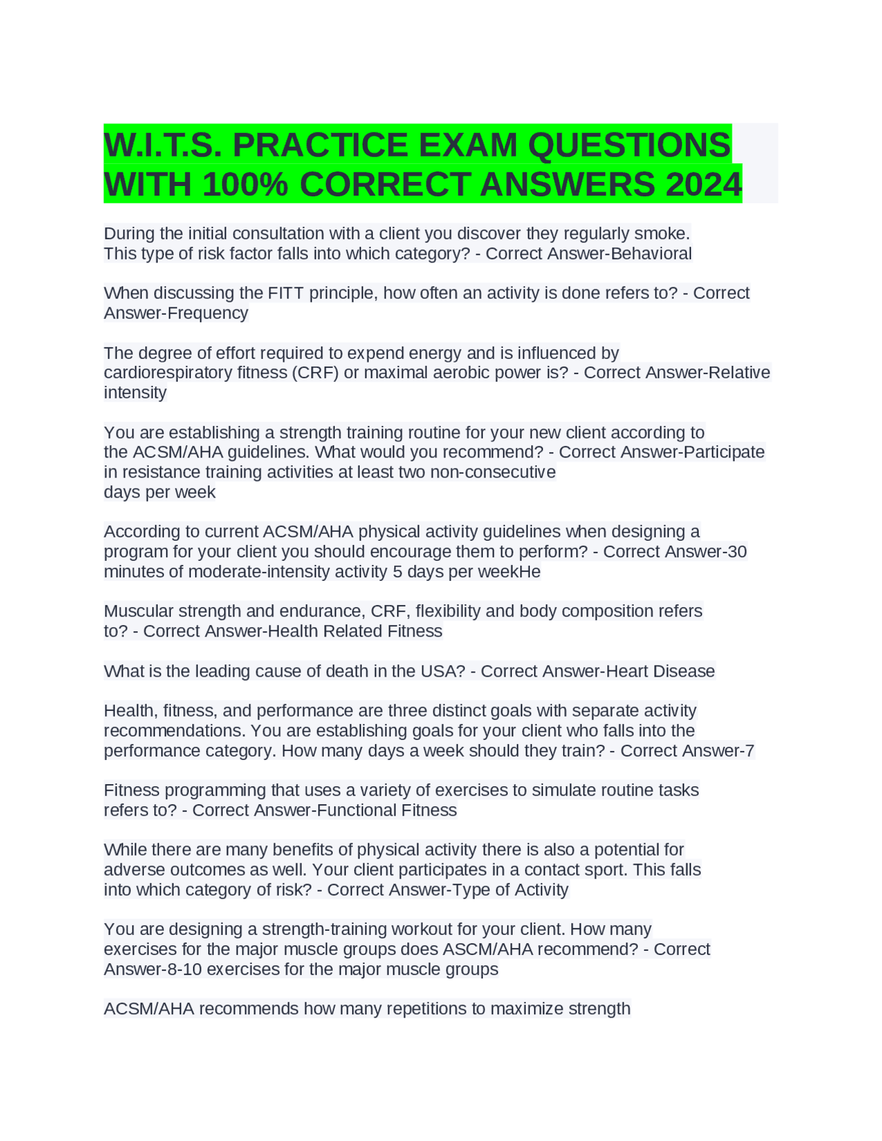 W.I.T.S. PRACTICE EXAM QUESTIONS WITH 100% CORRECT ANSWERS 2024 | Exams Advanced Education | Docsity