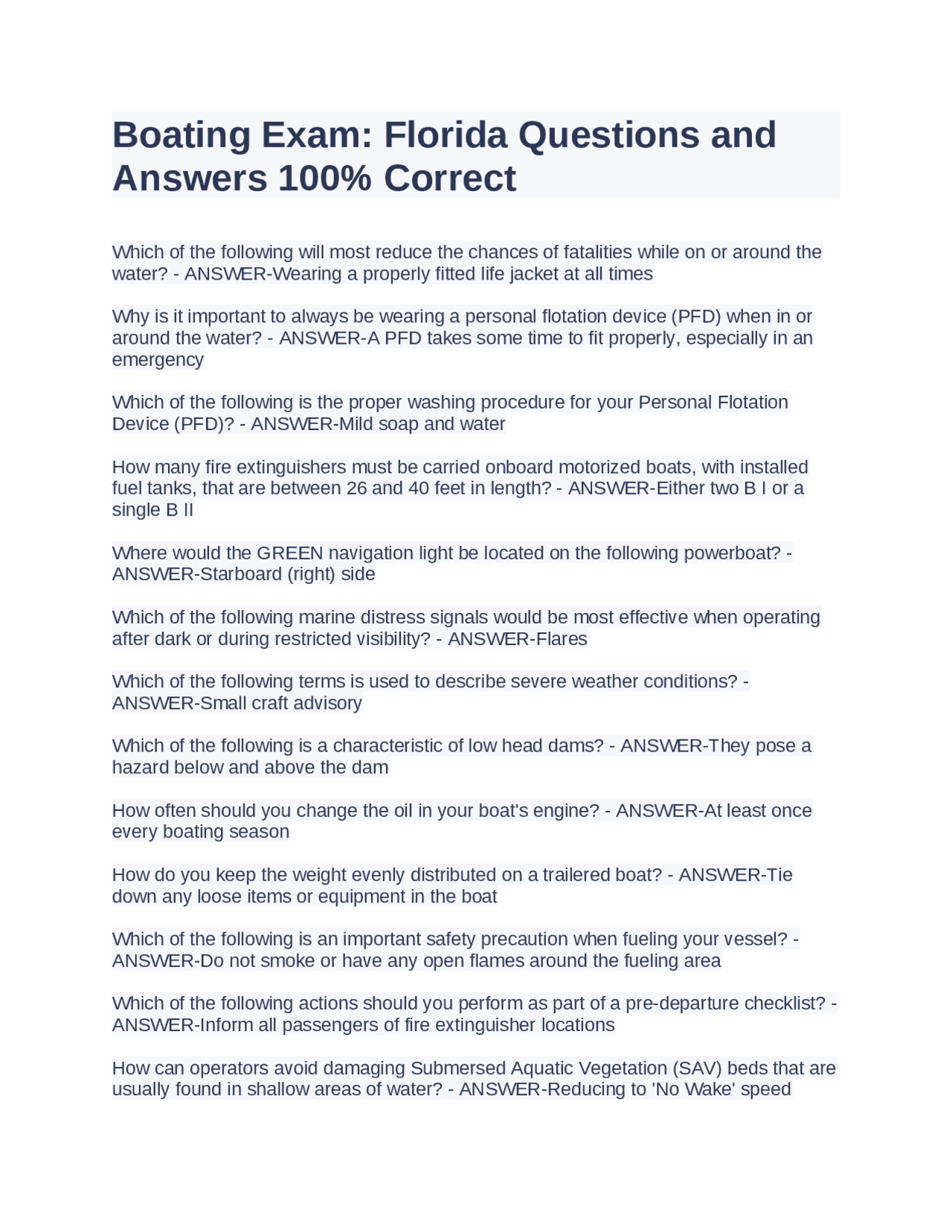 Boating Exam: Florida Questions and Answers 100% Correct | Exams Marine ...