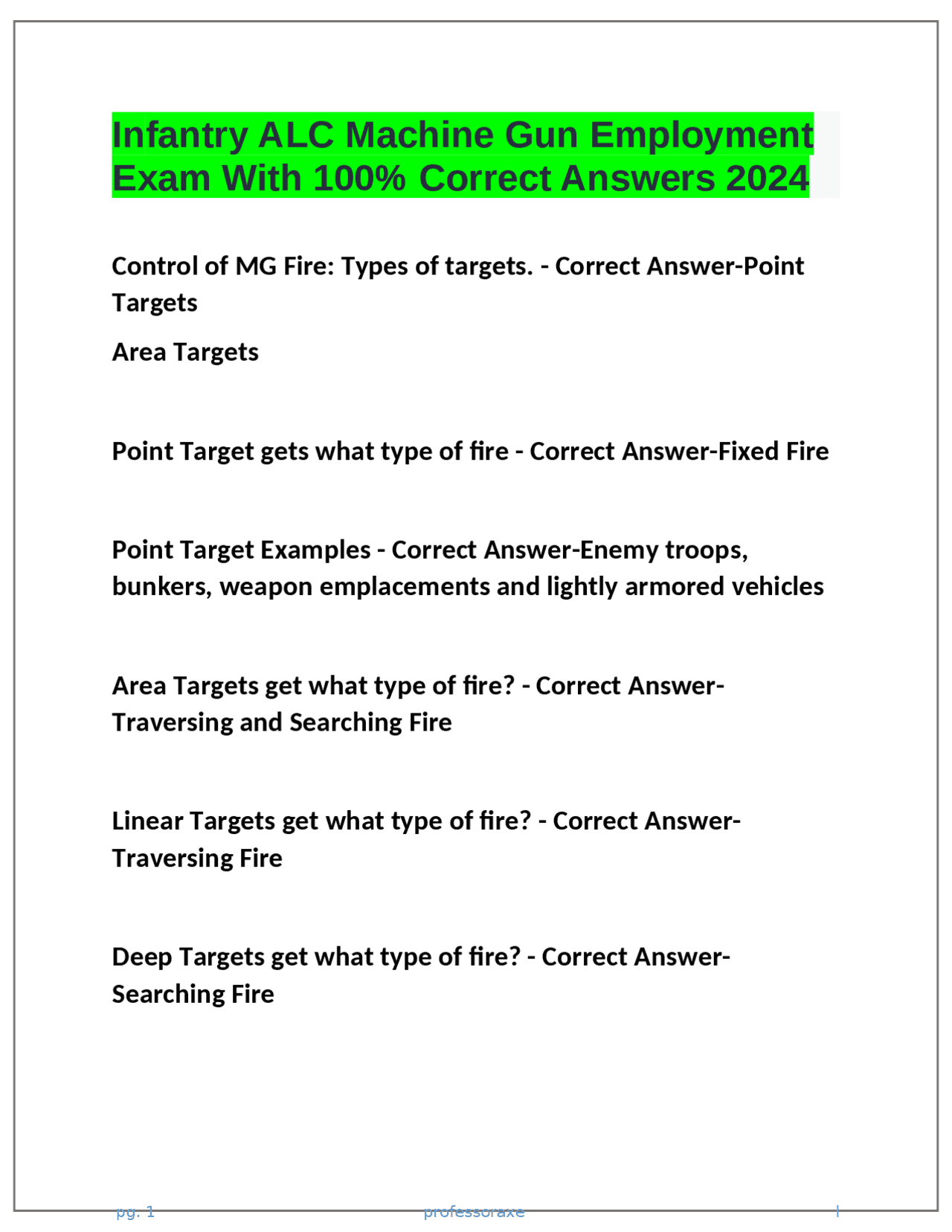 Infantry ALC Machine Gun Employment Exam With 100% Correct Answers 2024 ...