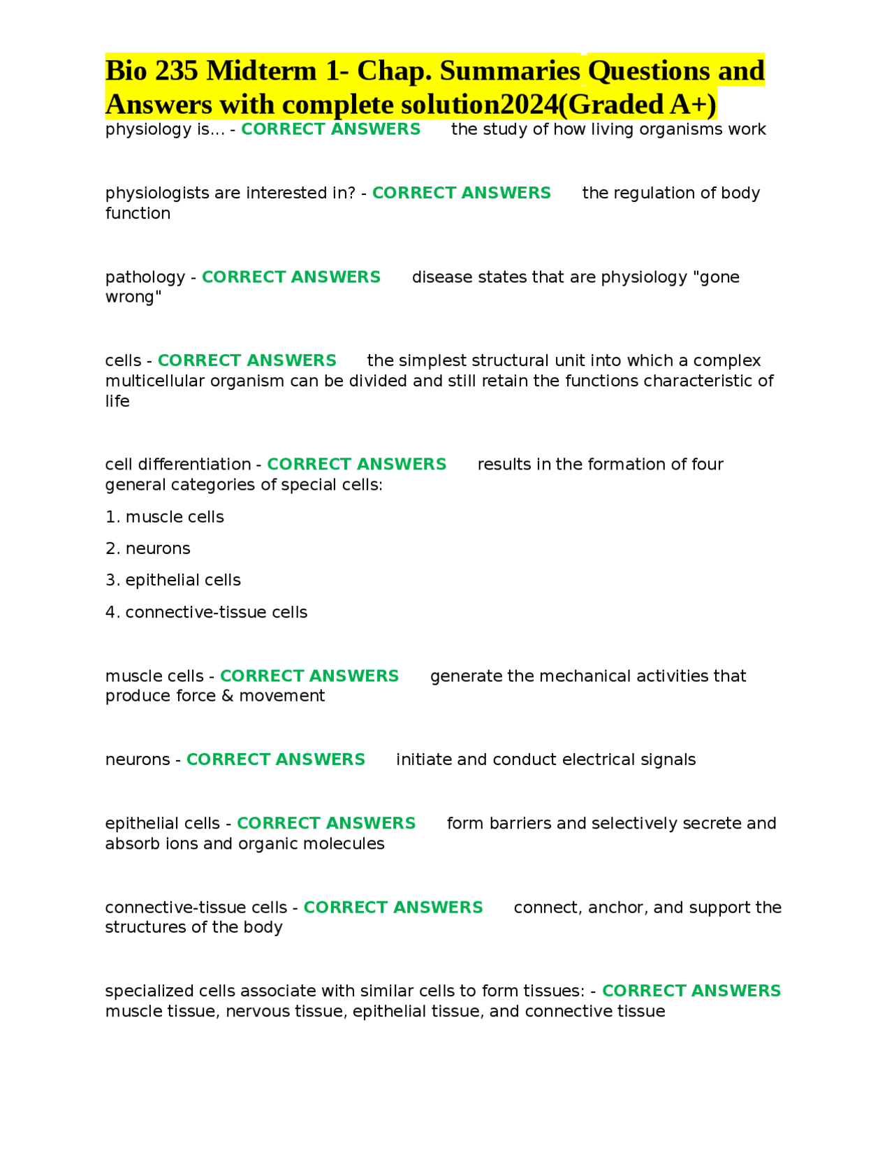 Bio 235 Midterm 1- Chap. Summaries 144Questions and Answers with complete solution2024(Gra ...