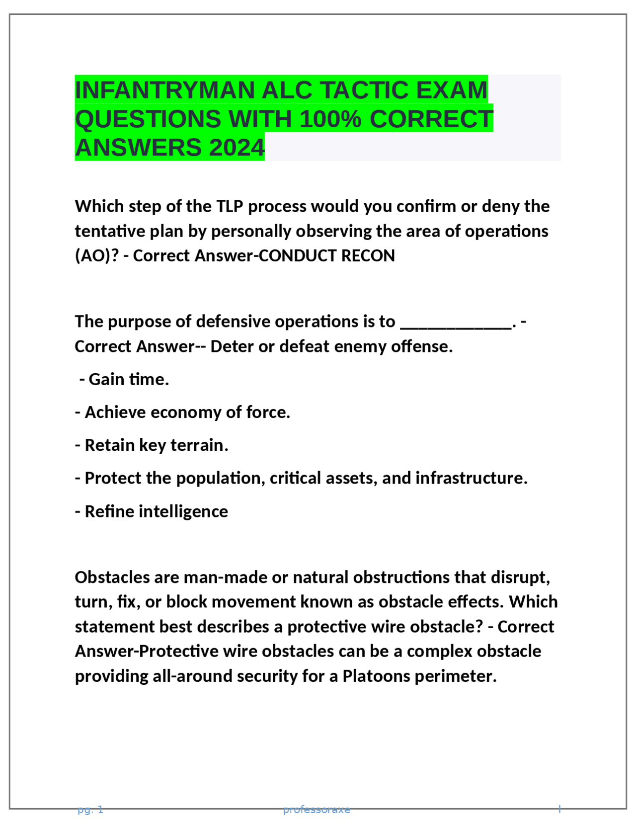 INFANTRYMAN ALC TACTIC EXAM QUESTIONS WITH 100% CORRECT ANSWERS 2024 ...
