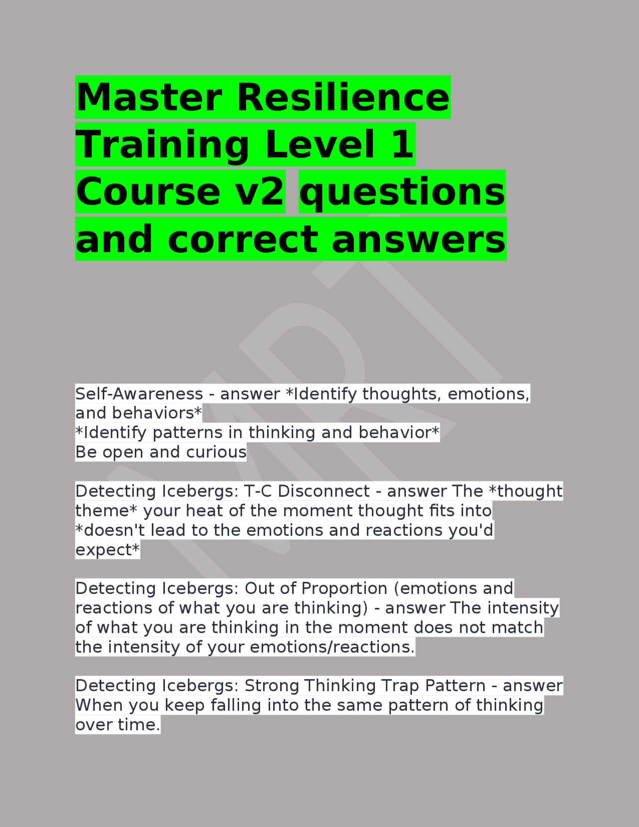 Master Resilience Training Level 1 Course v2 questions and correct ...