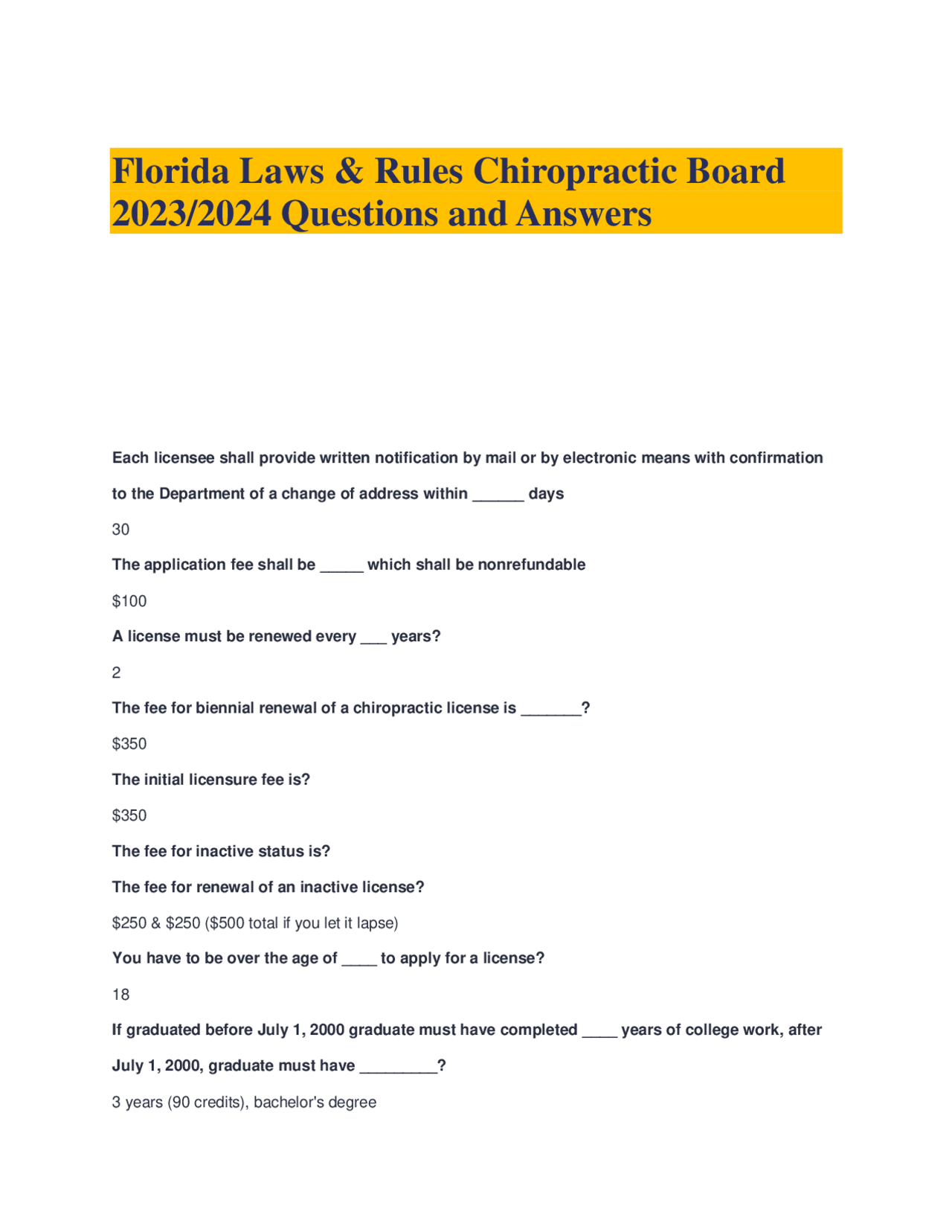 Florida Laws & Rules Chiropractic Board 2023/2024 Questions and Answers ...