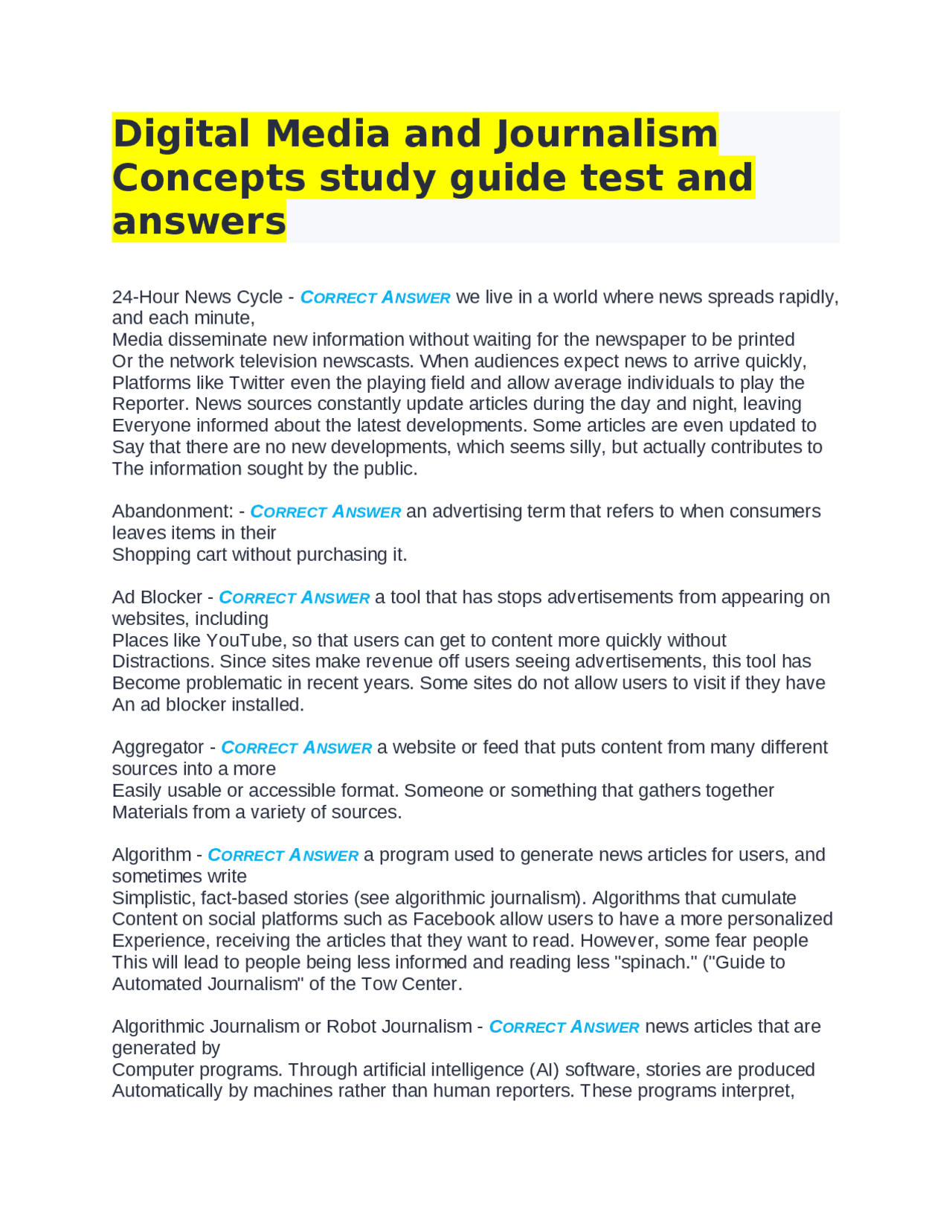 Digital Media and Journalism Concepts study guide test and answers ...