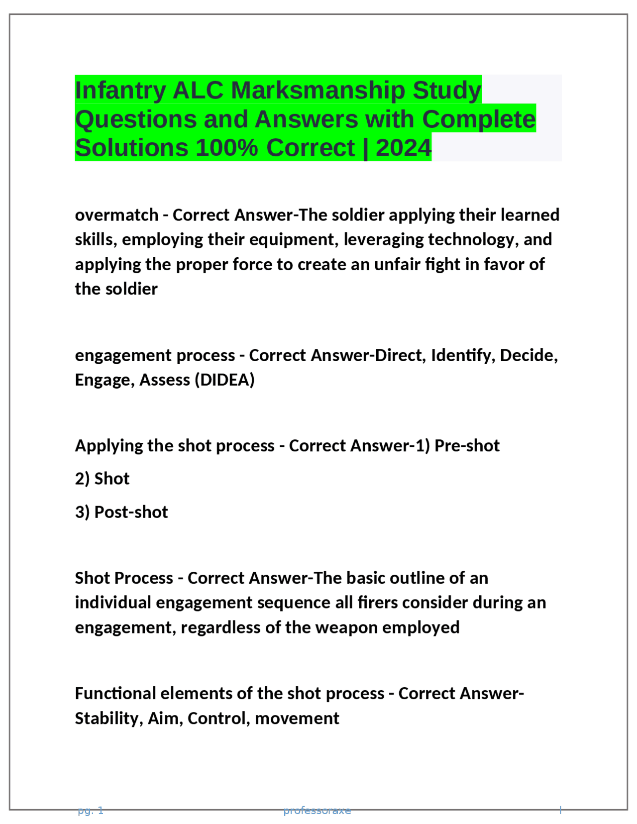 Infantry ALC Marksmanship Study Questions and Answers with Complete ...