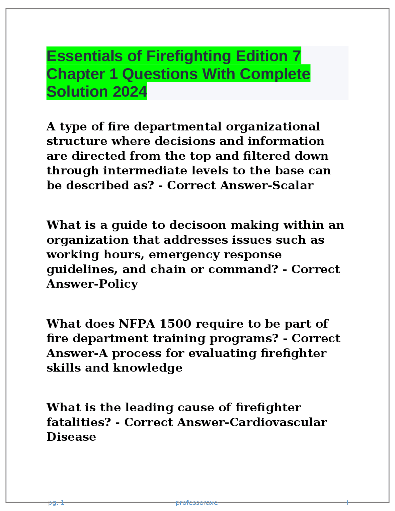 Essentials of Firefighting Edition 7 Chapter 1 Questions With Complete ...