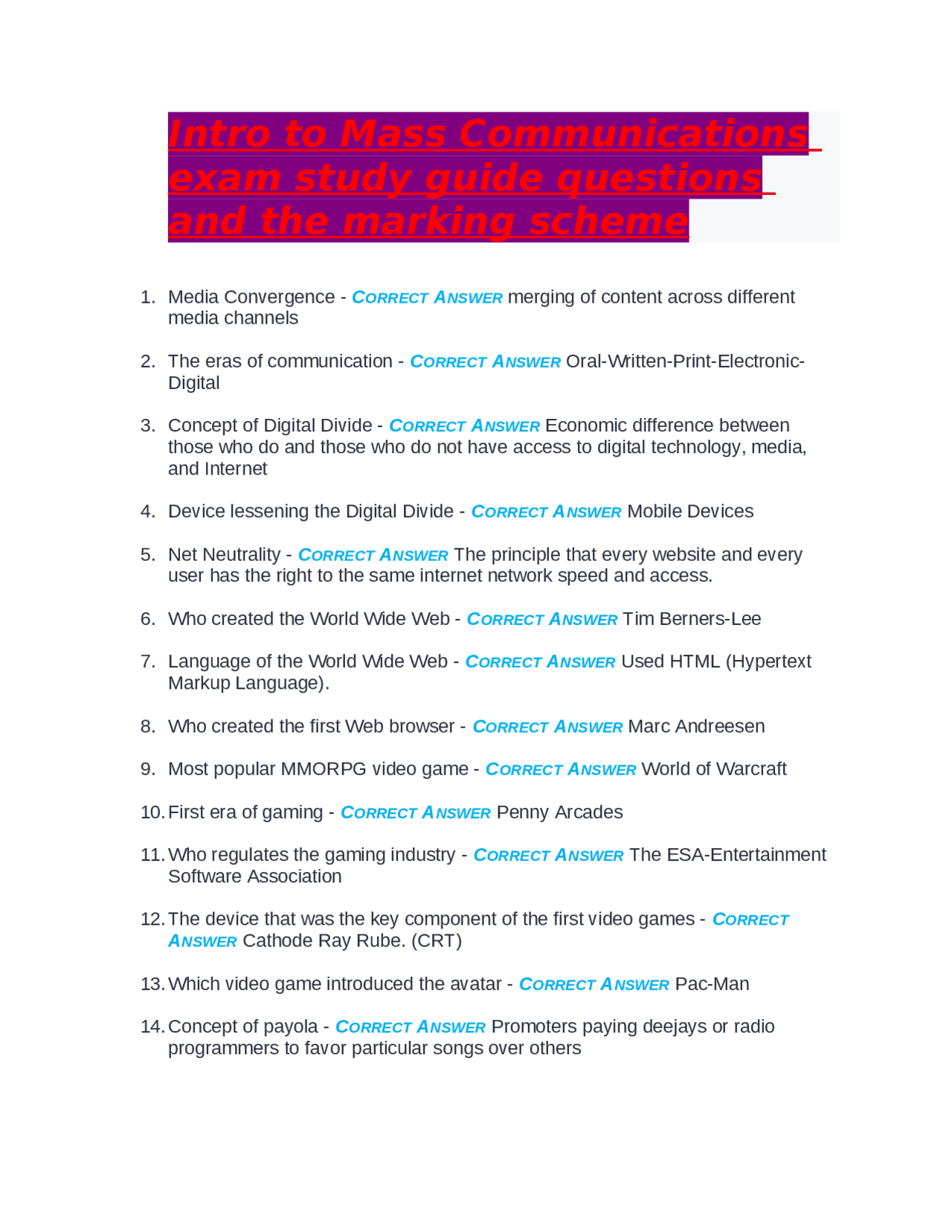 Intro to Mass Communications exam study guide questions and the marking scheme | Exams Mass ...