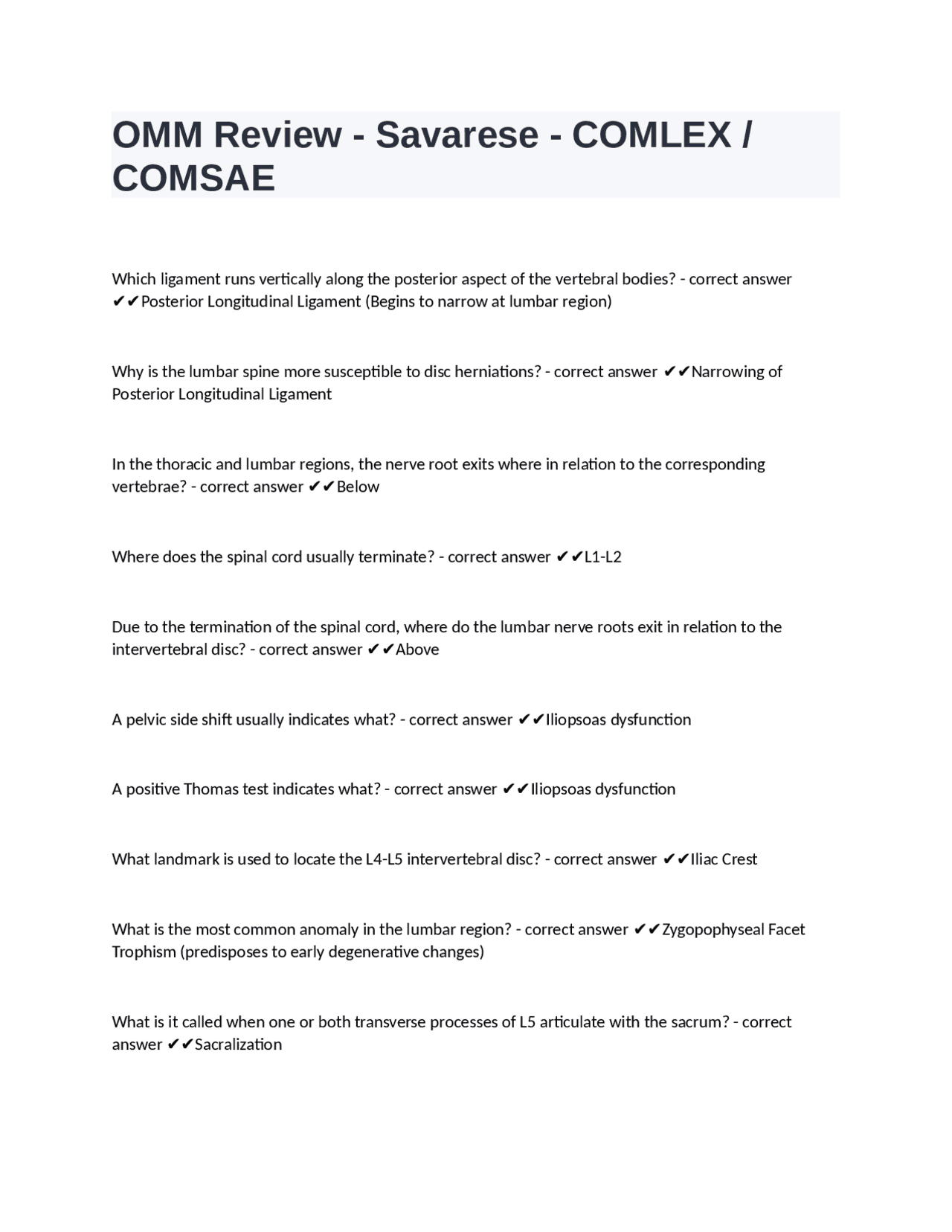 OMM Review - Savarese - COMLEX / COMSAE with complete solutions | Exams ...