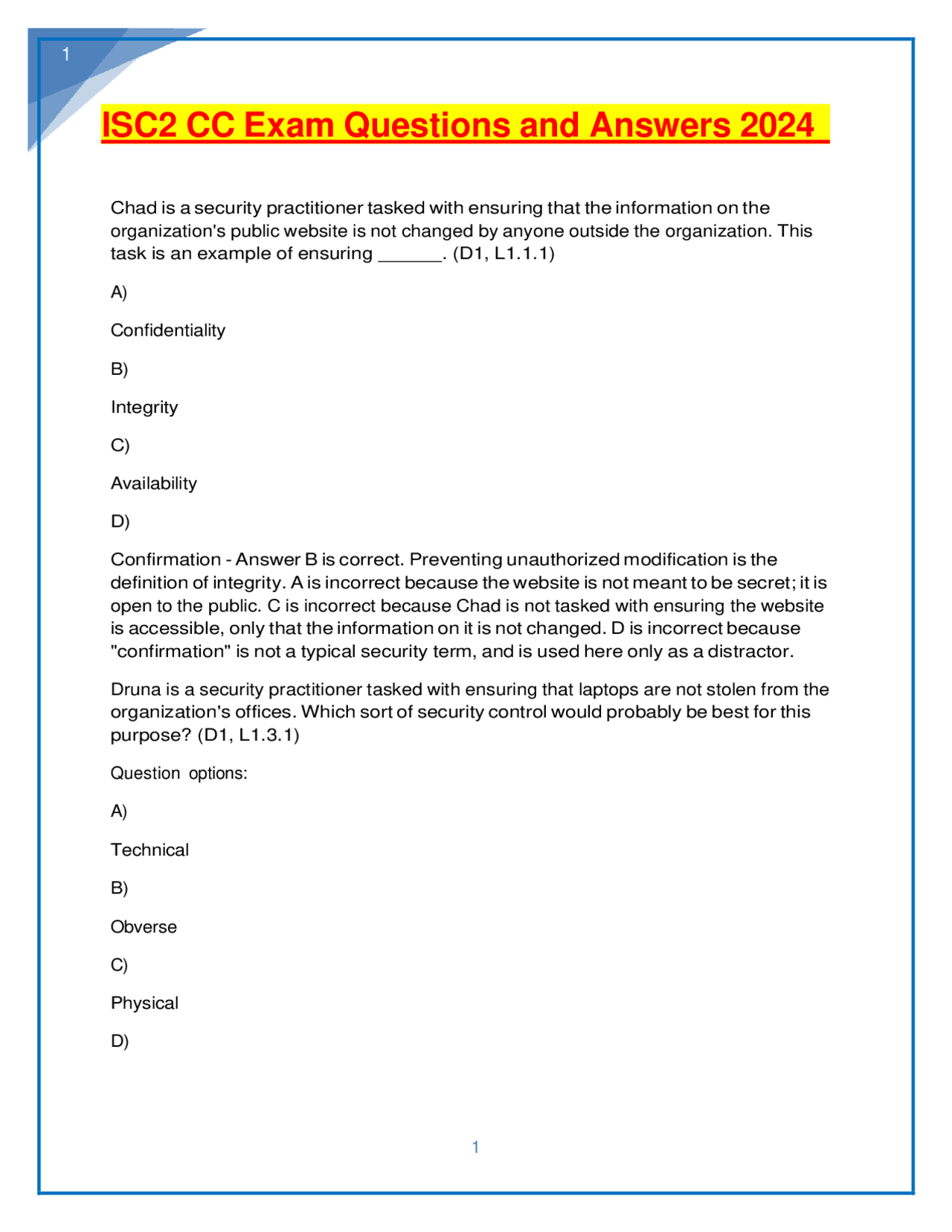 ISC2 CC Exam Questions and Answers 2024. | Exams Nursing | Docsity