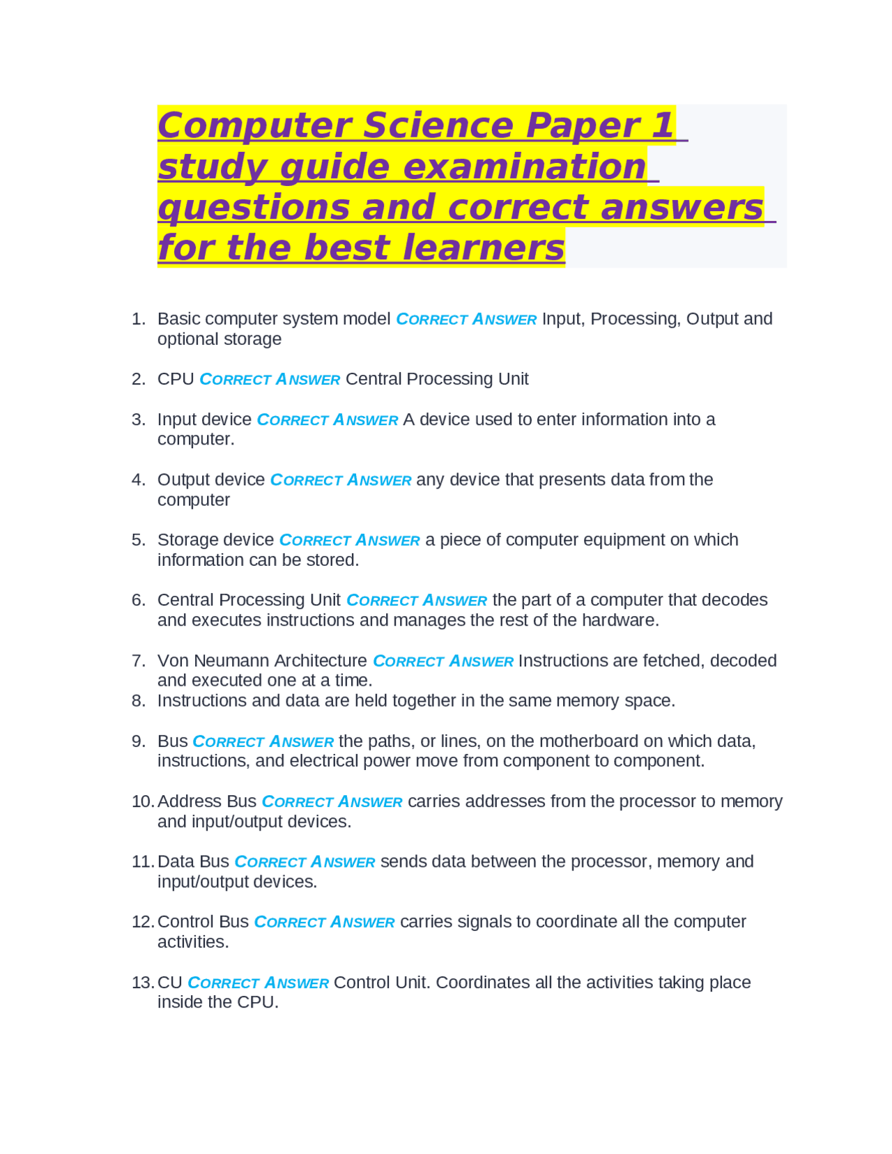 Computer Science Paper 1 study guide examination questions and correct answers for the bes ...