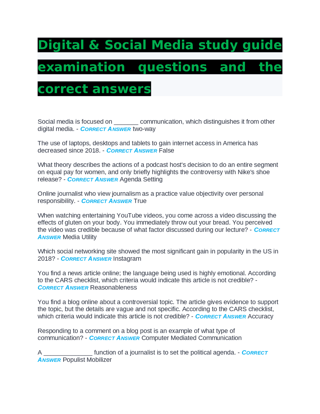 Digital & Social Media study guide examination questions and the ...