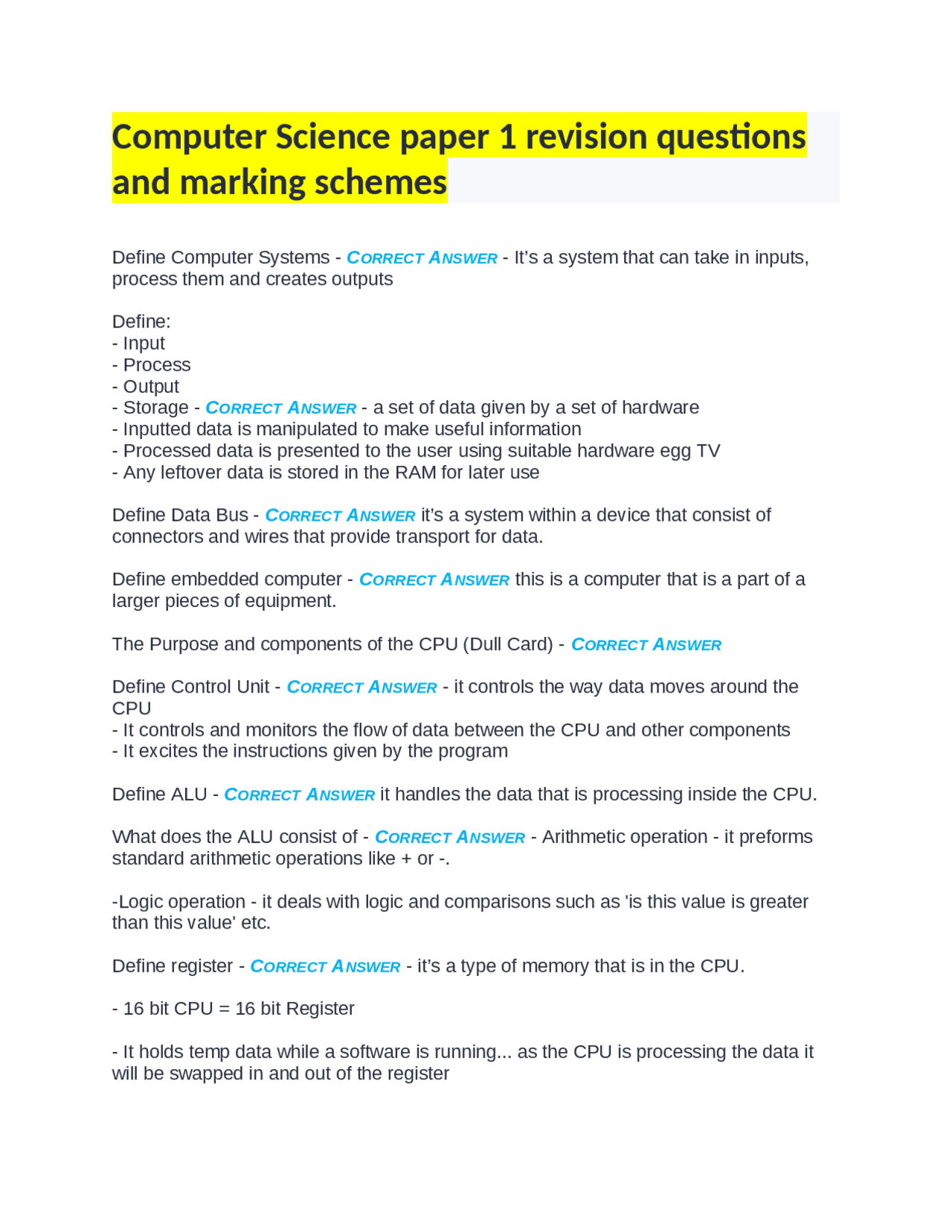 Computer Science paper 1 revision questions and marking schemes | Exams ...