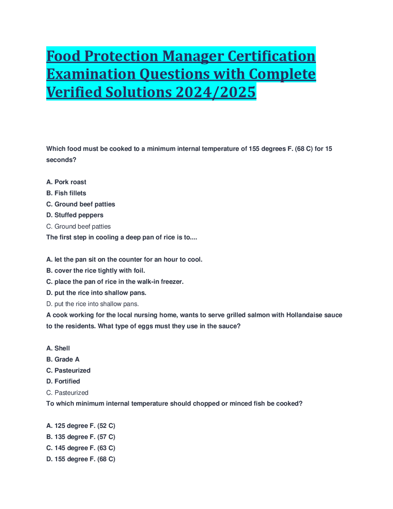 Food Protection Manager Certification Examination Questions with ...