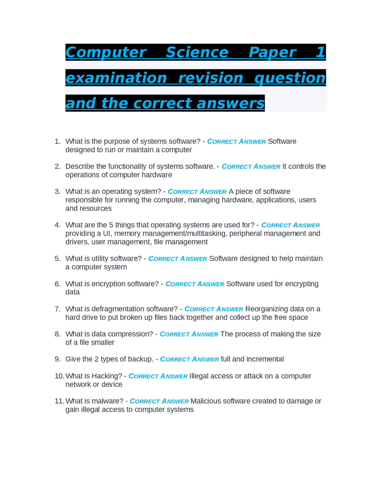 Computer Science Paper 1 examination revision question and the correct answers | Exams Computer ...