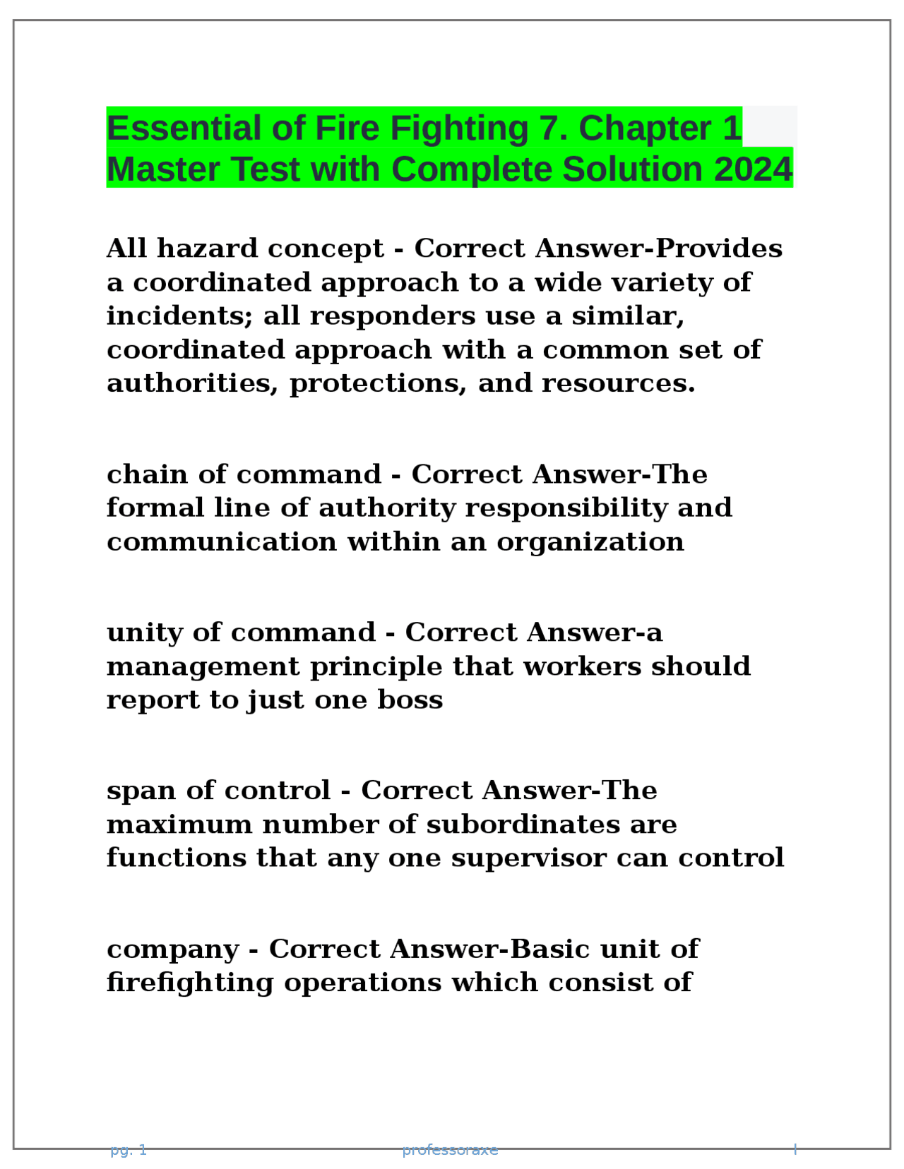 Essential of Fire Fighting 7. Chapter 1 Master Test with Complete ...