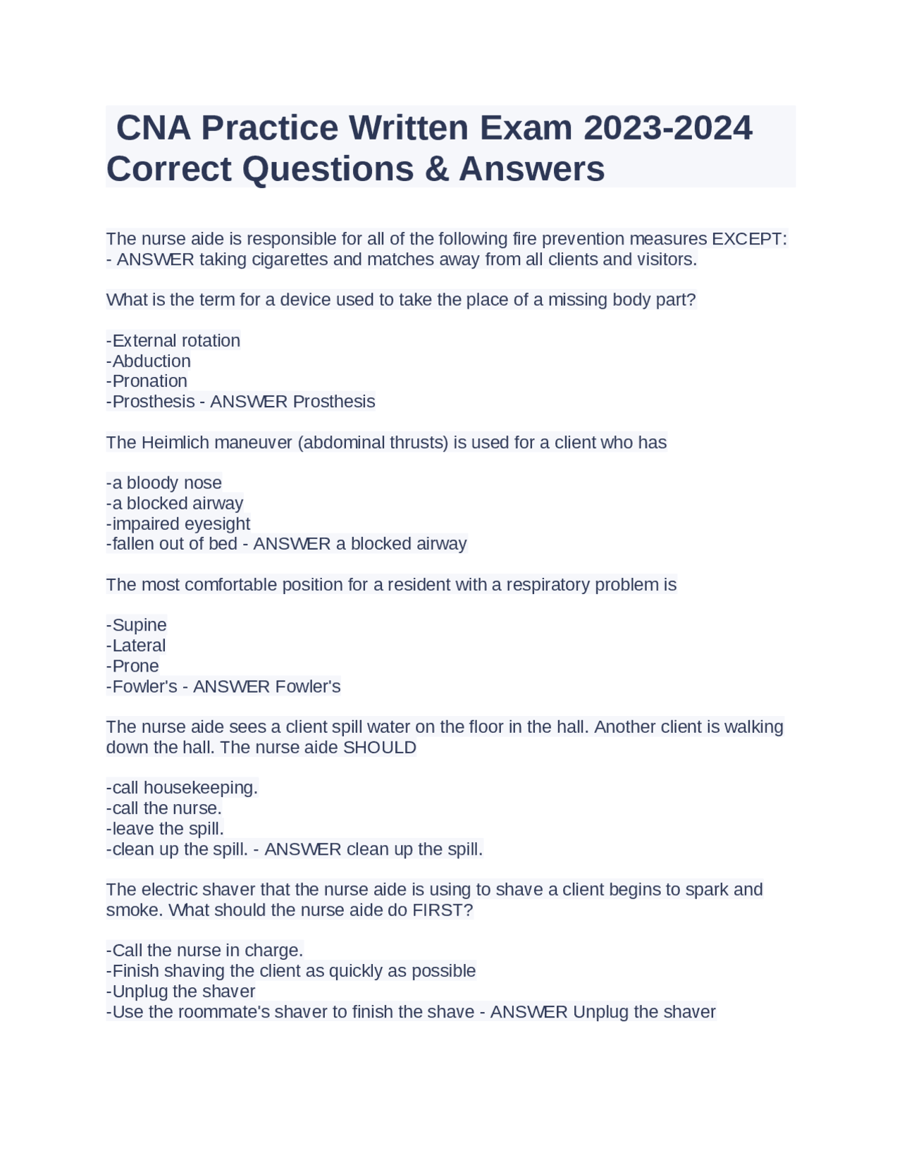 CNA Practice Written Exam 2023-2024 Correct Questions & Answers | Exams ...