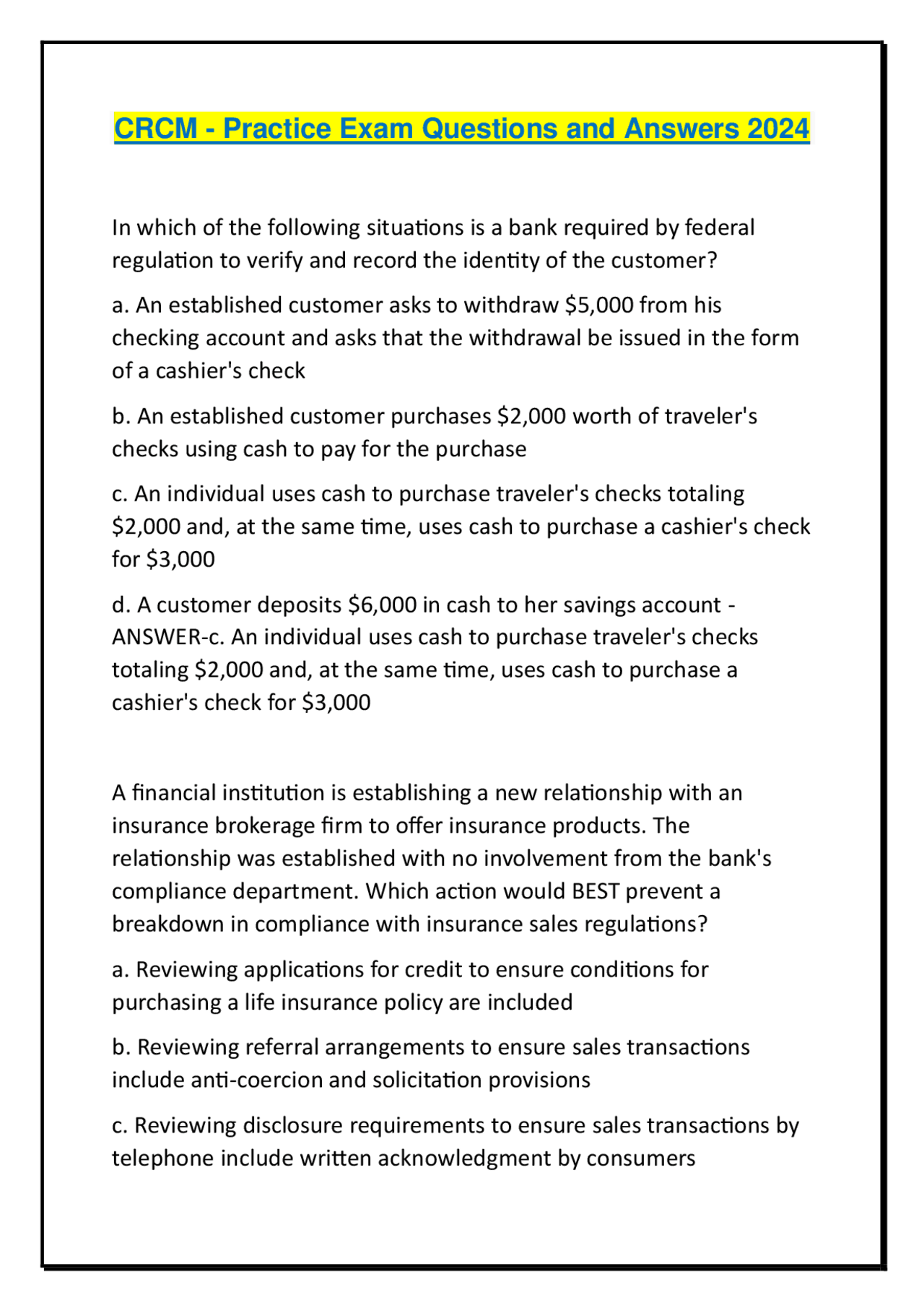 Crcm Practice Exam Questions And Answers 2024 Exams Nursing Docsity
