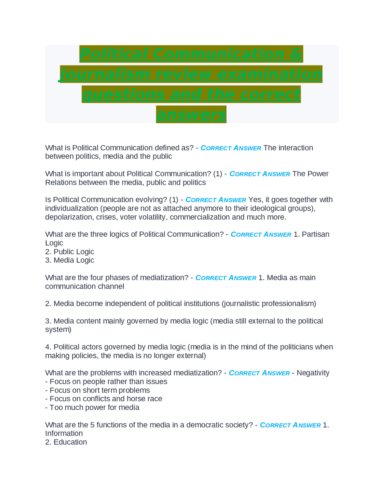 Political Communication & Journalism review examination questions and the correct answers ...