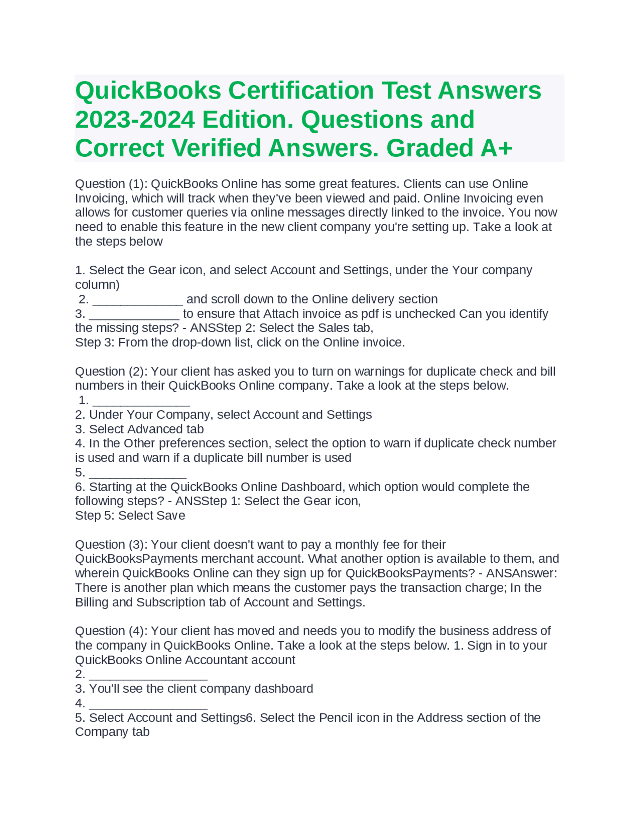 QuickBooks Certification Test Answers 2023-2024. Questions & Correct ...