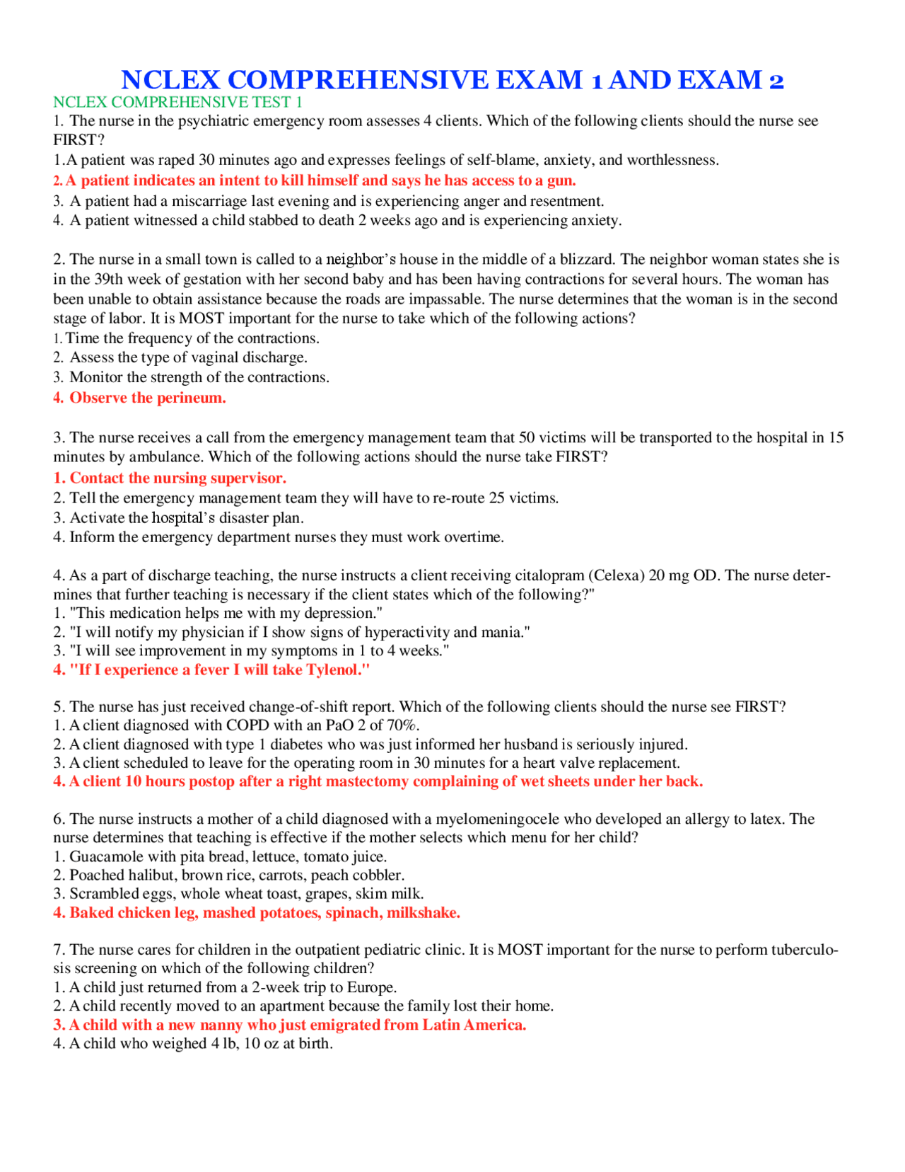 NCLEX COMPREHENSIVE EXAM 1 AND EXAM 2 | Exams Nursing | Docsity