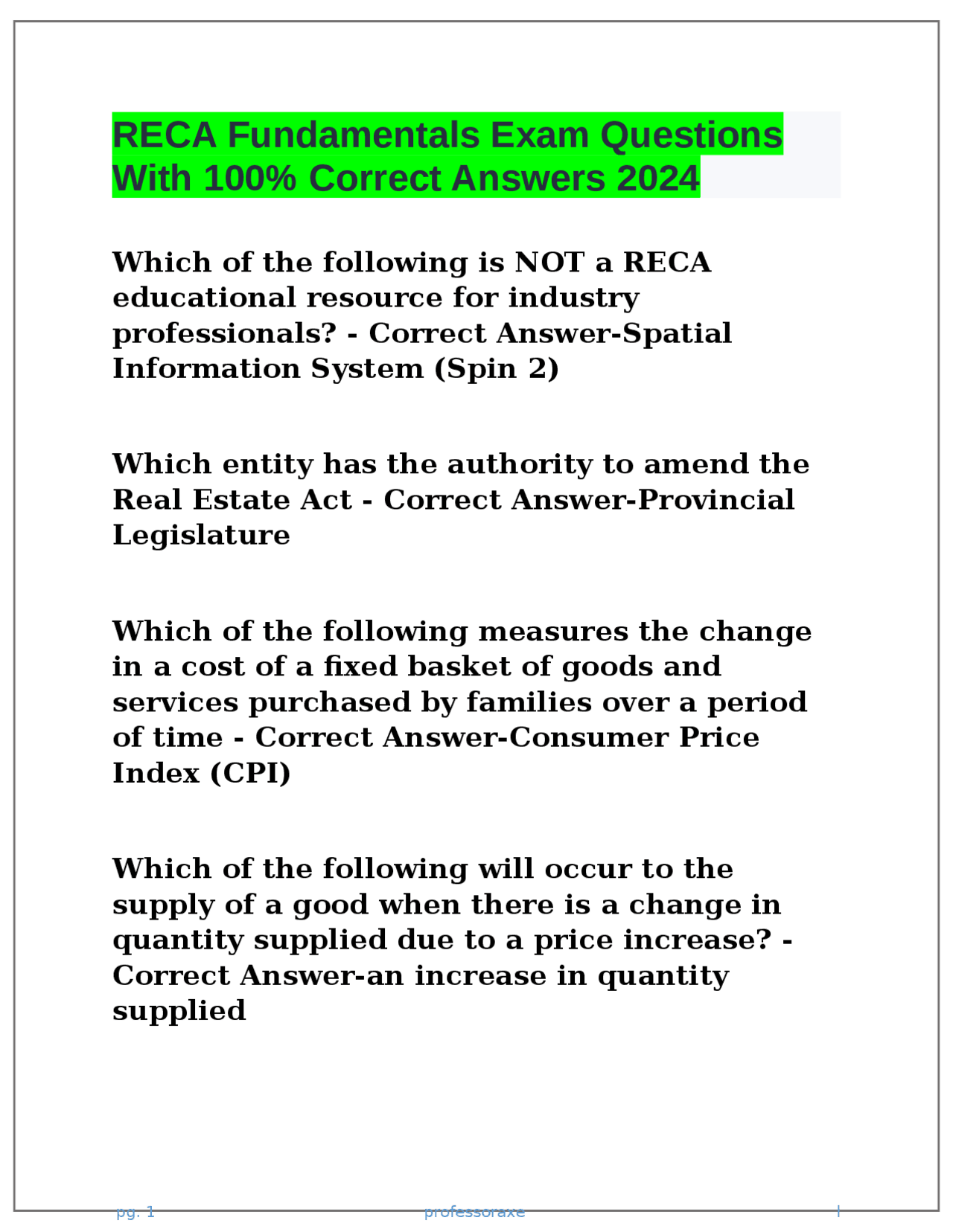 RECA Fundamentals Exam Questions With 100% Correct Answers 2024 | Exams ...