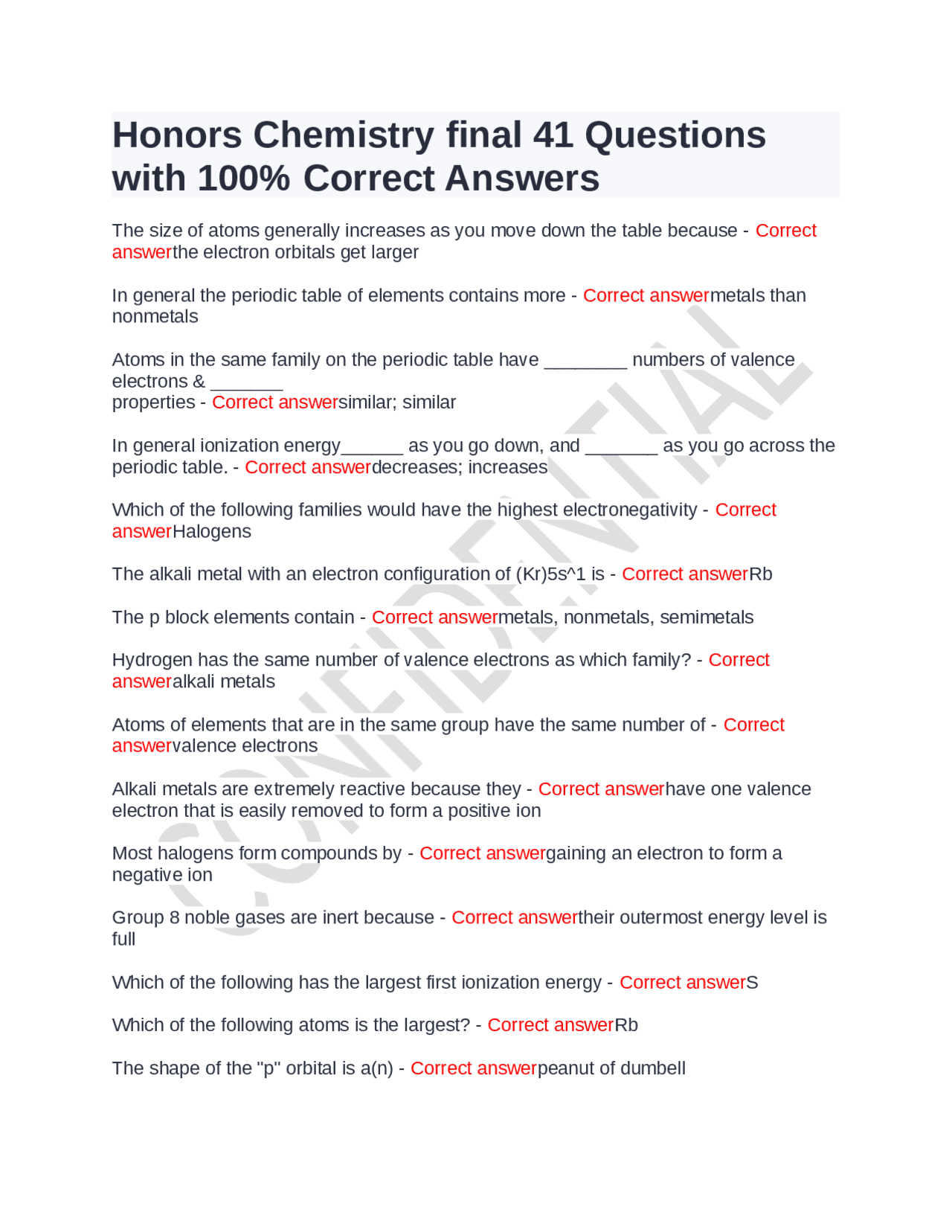 Honors Chemistry final 41 Questions with 100% Correct Answers | Exams ...