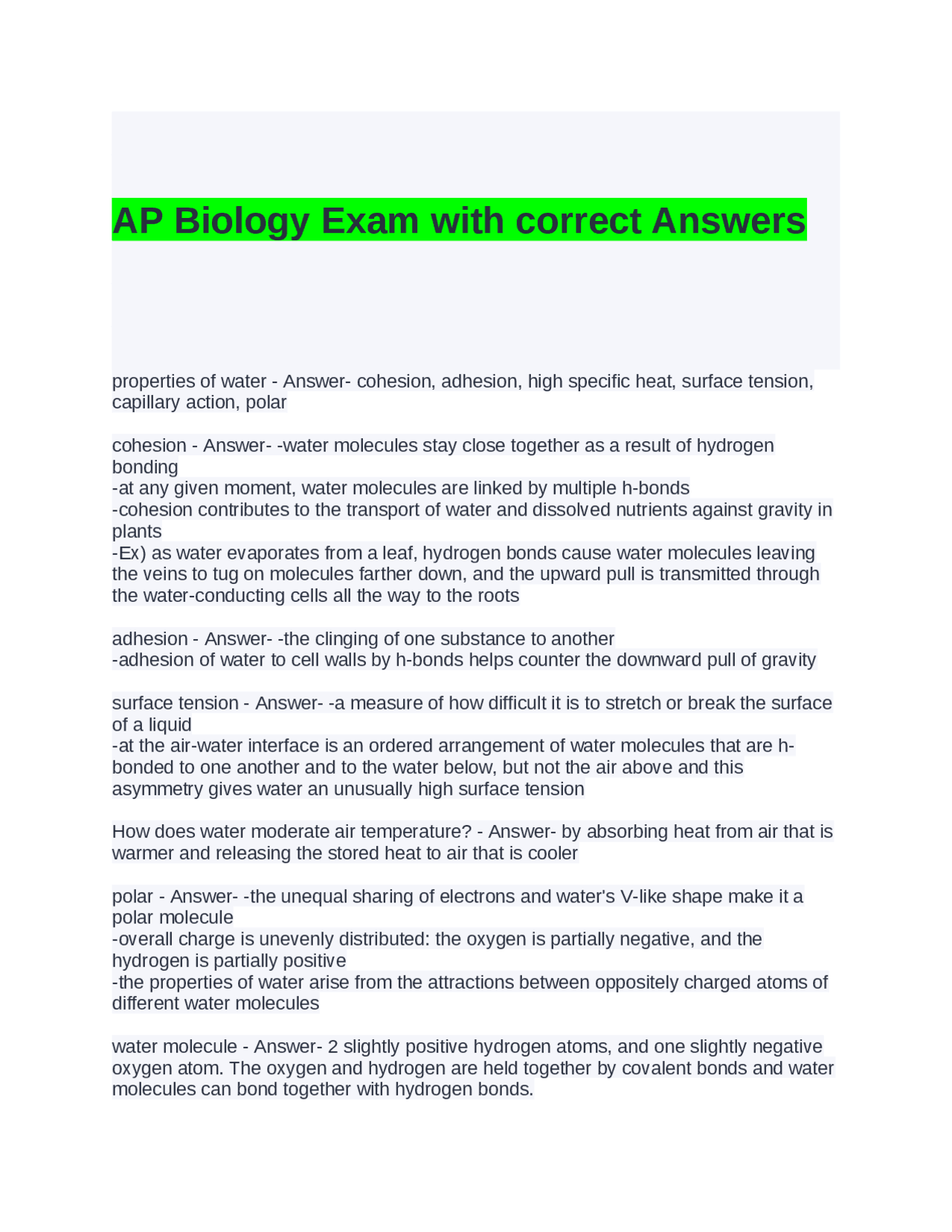 AP Biology Exam with correct Answers | Exams Advanced Education | Docsity