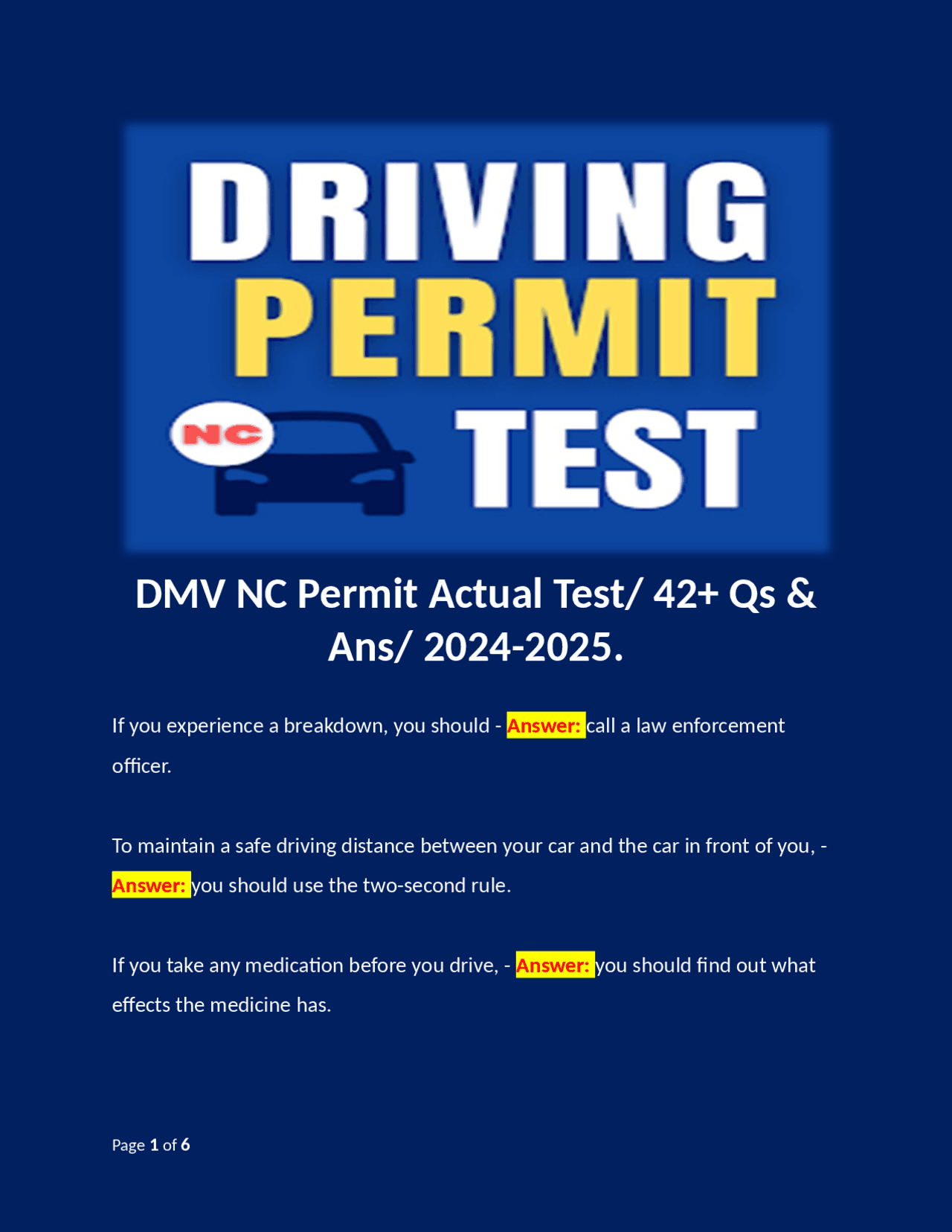 NC DMV Permit (Actual) Test/ 584 Qs & Ans/ 2024-2025. | Exams European ...