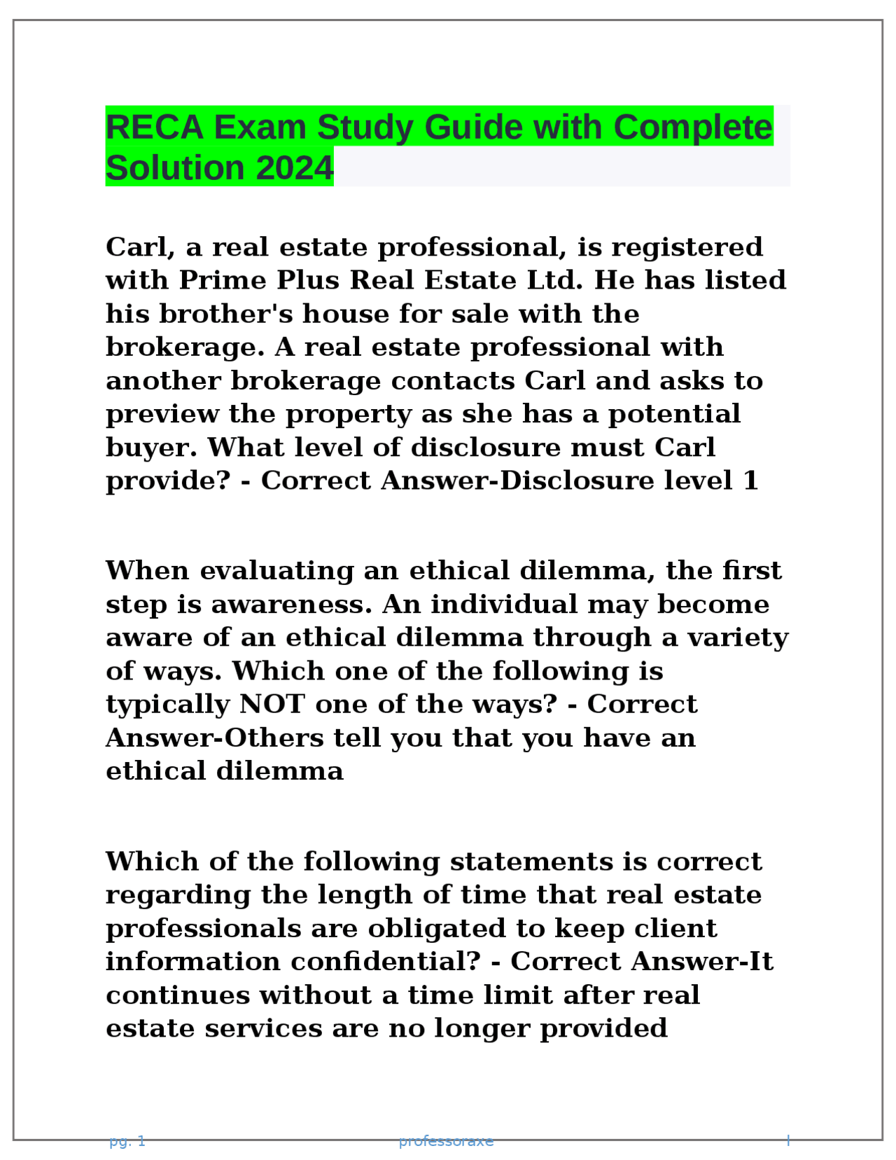 RECA Exam Study Guide with Complete Solution 2024 | Exams Advanced ...