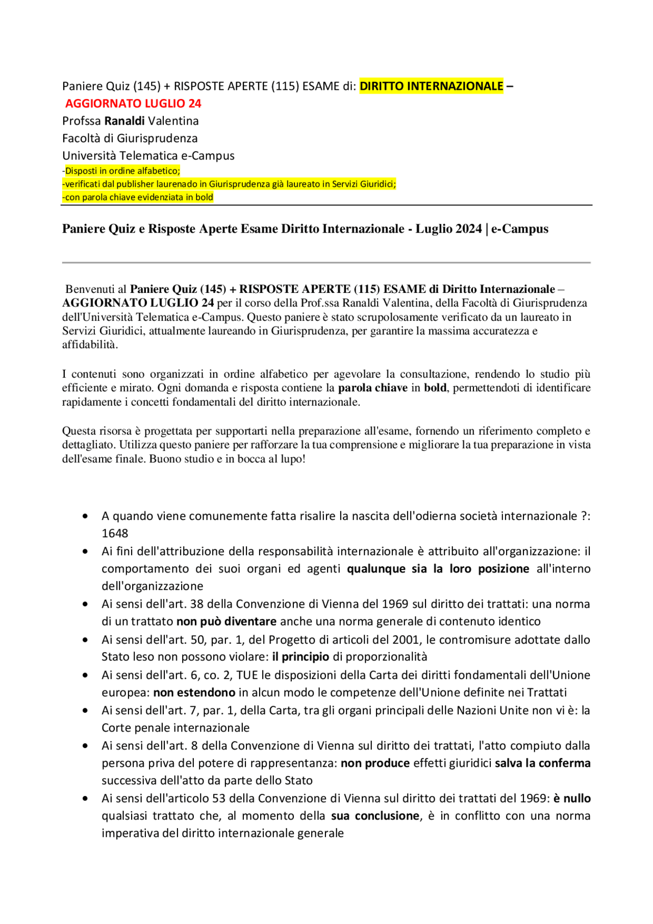Paniere Quiz e Risposte Aperte Esame Diritto Internazionale - Luglio 2024 | e-Campus | Panieri ...