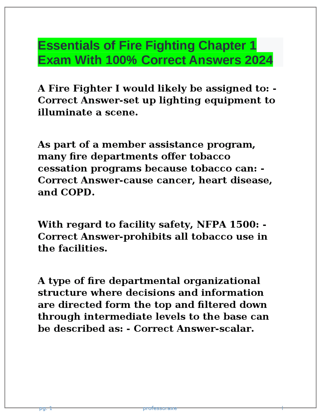 Essentials of Fire Fighting Chapter 1 Exam With 100% Correct Answers ...