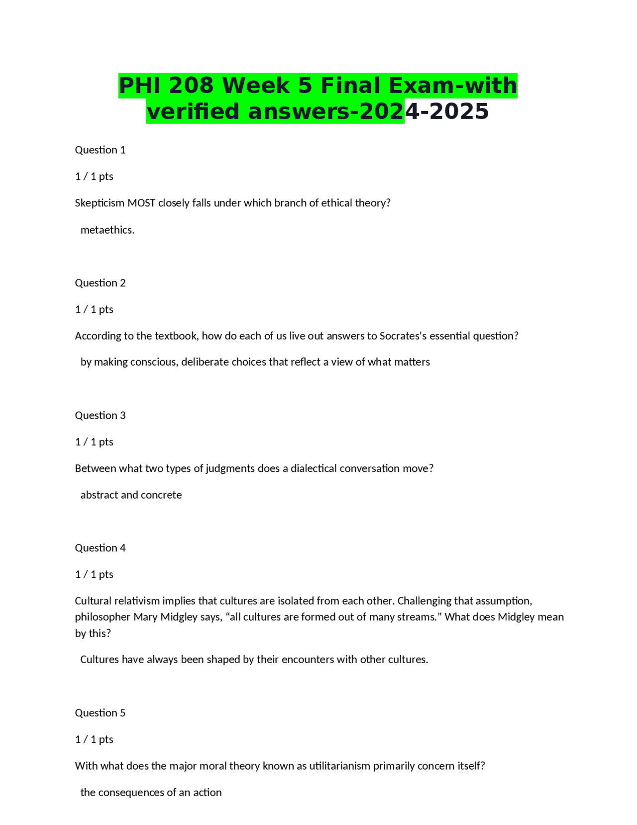 PHI 208 Week 5 Final Exam-with verified answers-2024-2025.docx | Exams Philosophy | Docsity