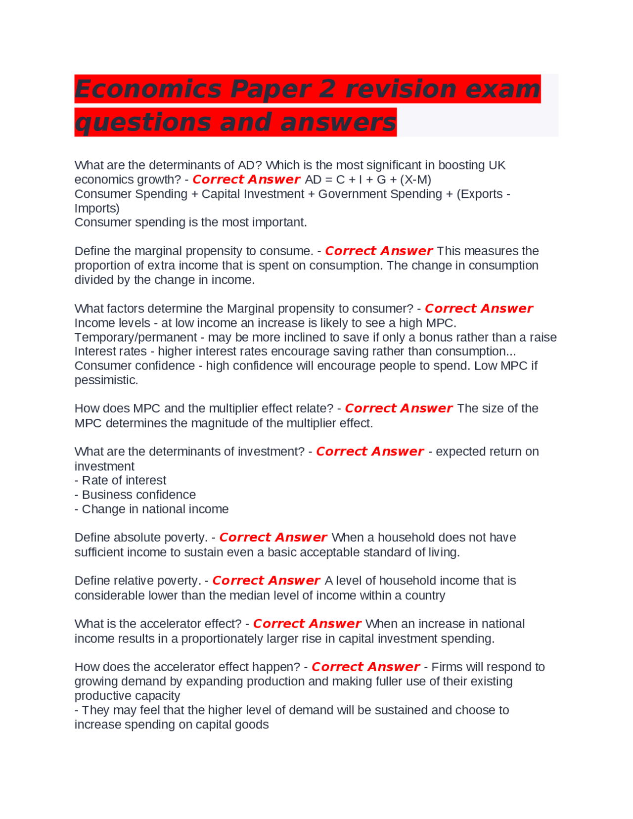 Economics Paper 2 Revision Exam Questions And Answers Exams Economics Docsity