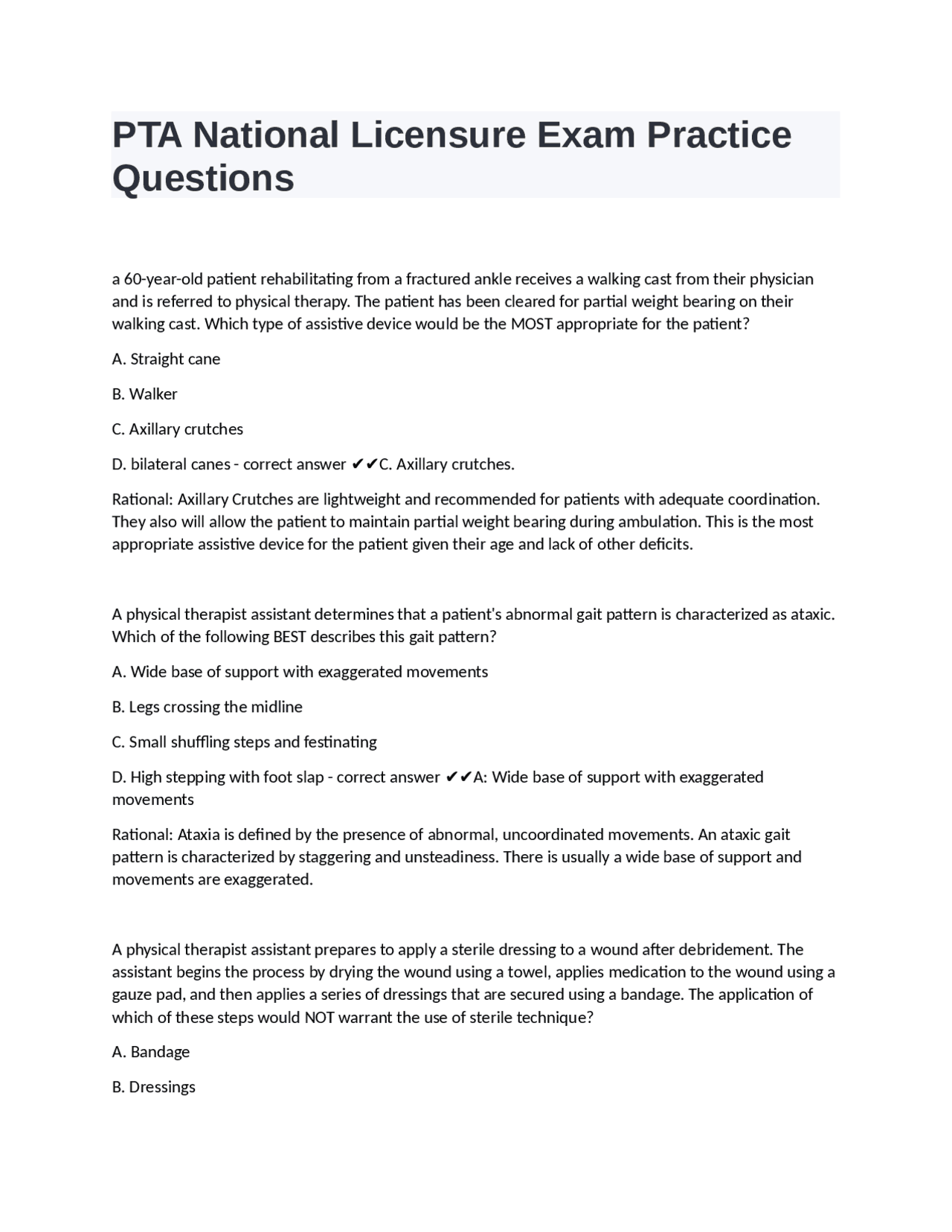 PTA National Licensure Exam Practice Questions with complete solutions ...