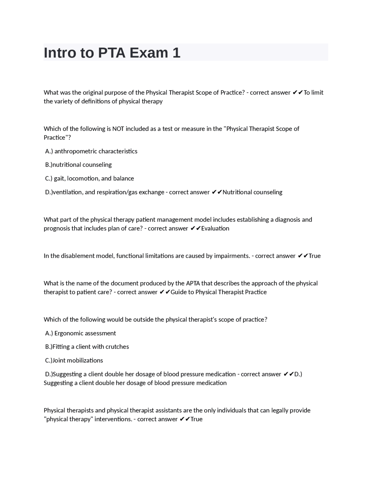 Intro to PTA Exam 1 well answered to pass | Exams Nursing | Docsity