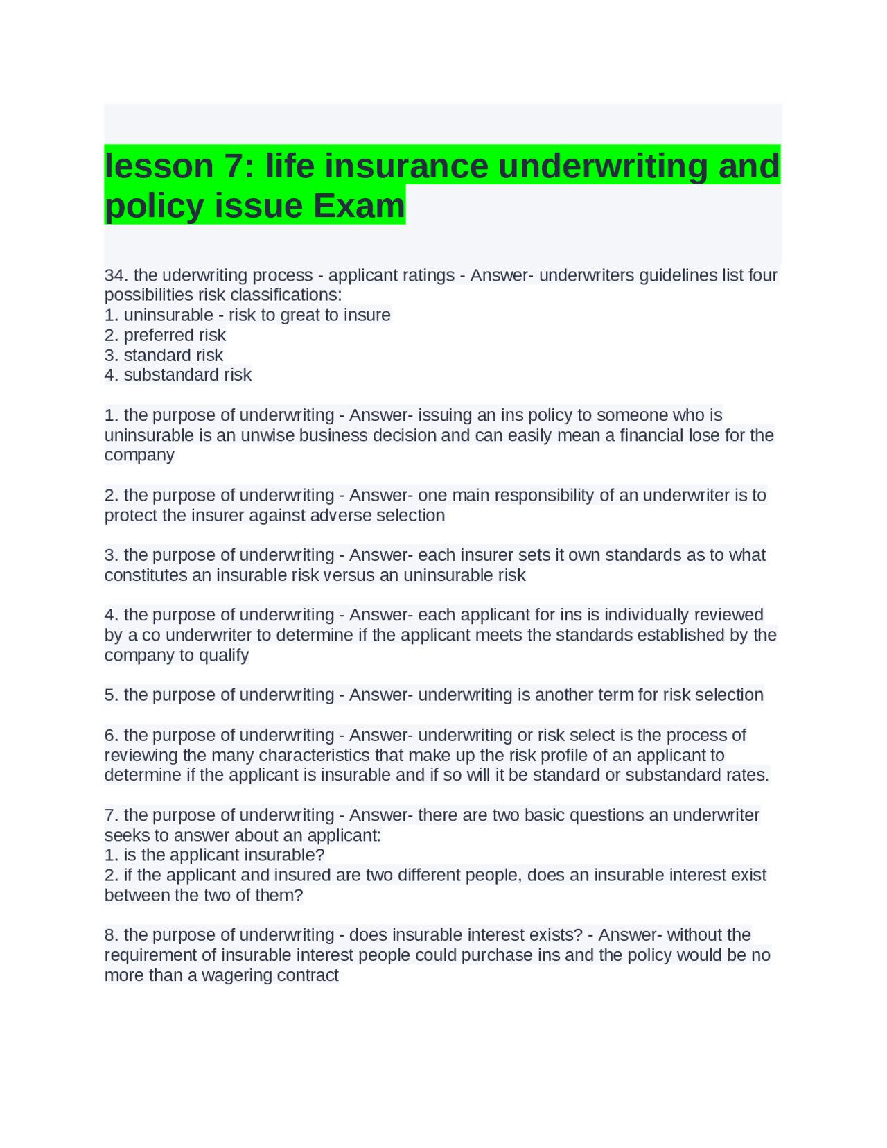 lesson 7 life insurance underwriting and policy issue Exam 2024 | Exams ...