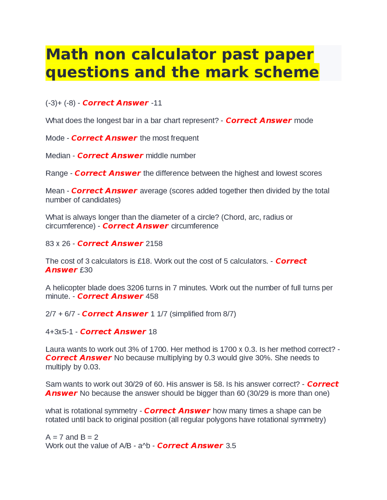 Math non calculator past paper questions and the mark scheme | Exams Mathematics | Docsity