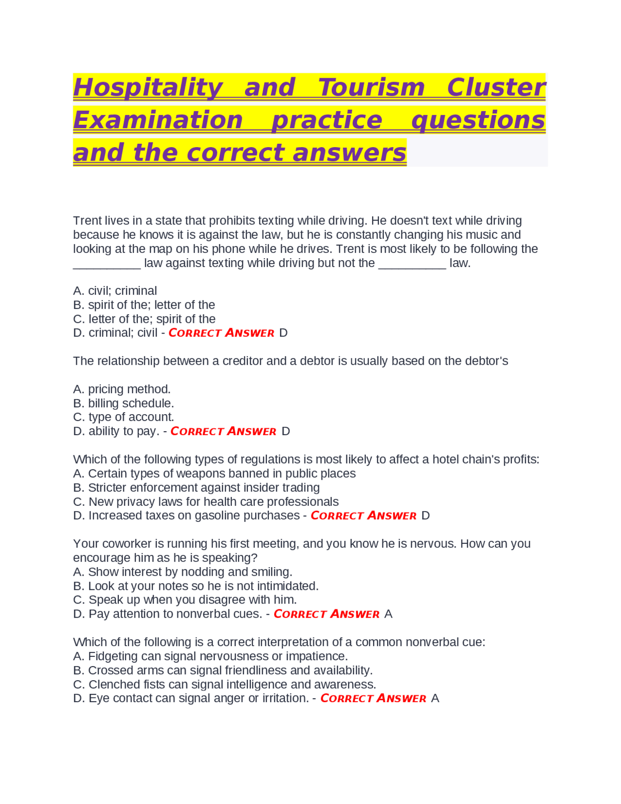 Hospitality and Tourism Management | Exams Hospitality and Tourism ...