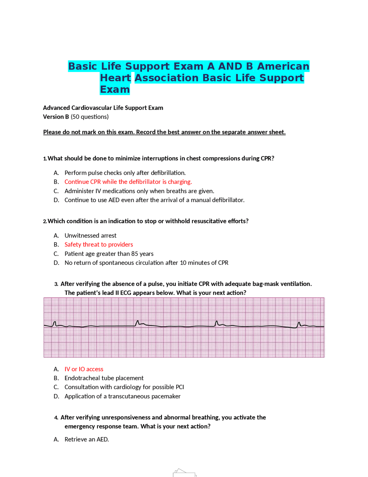 Basic Life Support Exam A AND B American Heart Association Basic Life ...
