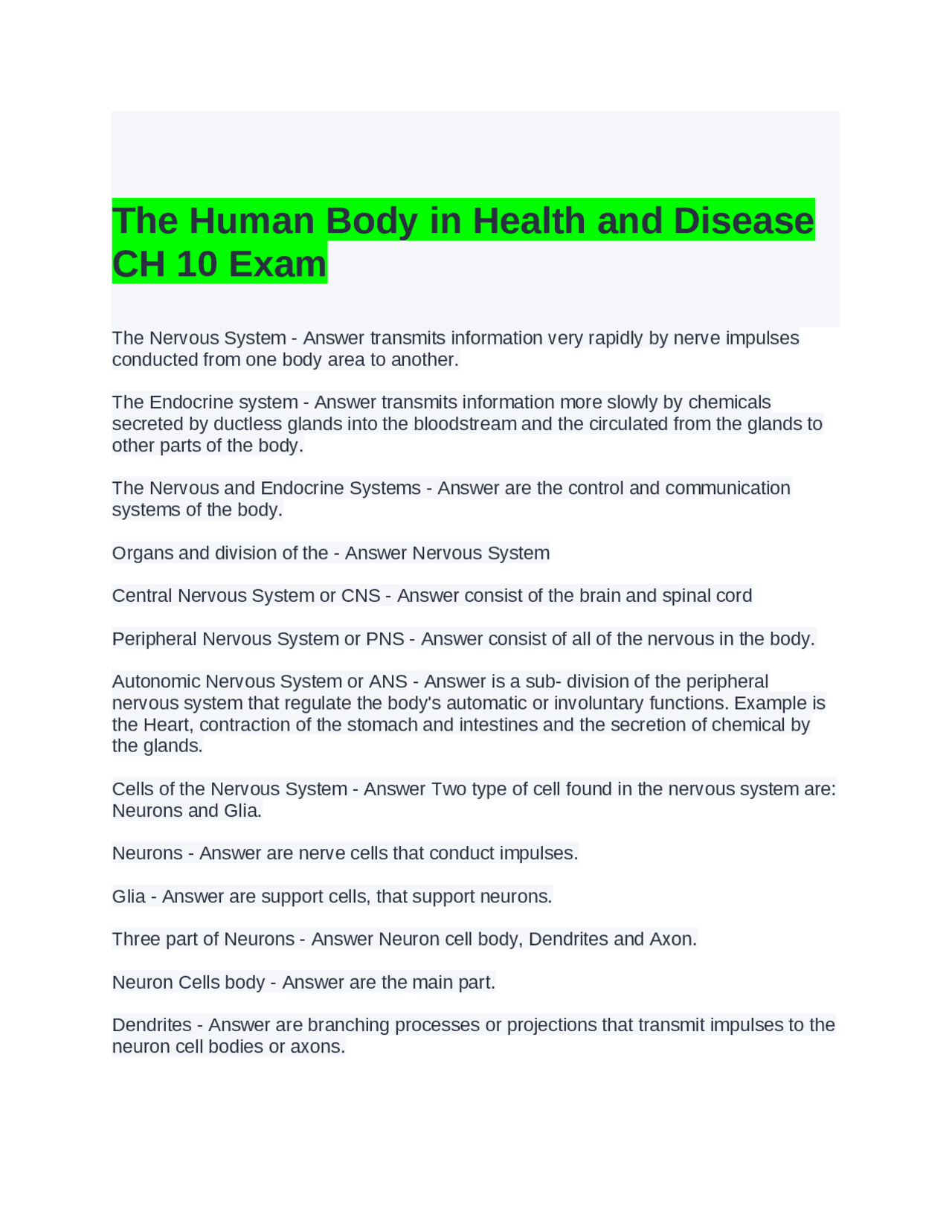 The Human Body in Health and Disease CH 10 Exam with correct Answers ...