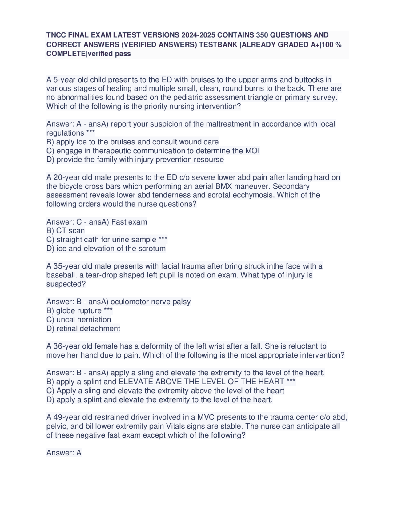 TNCC FINAL EXAM LATEST VERSIONS 2024 CONTAINS 350 QUESTIONS AND CORRECT ...