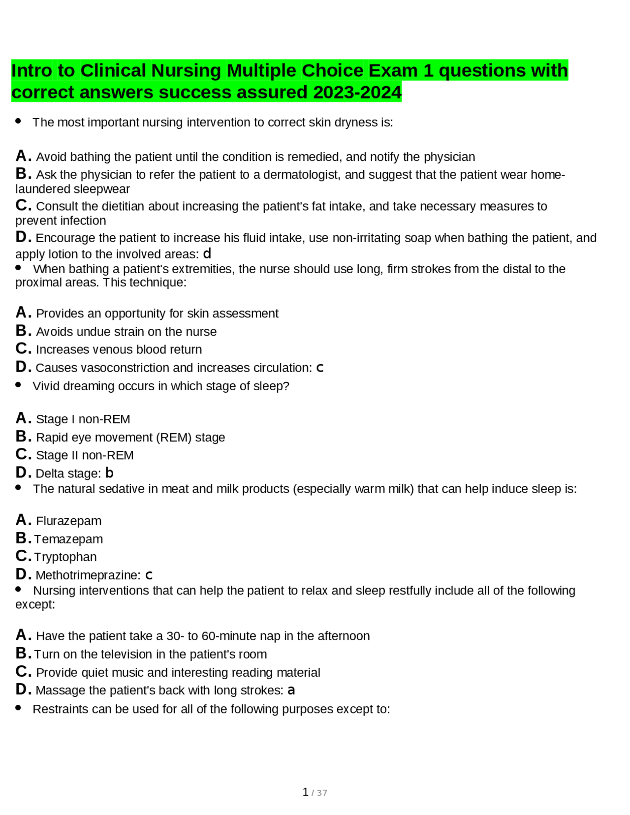 Intro to Clinical Nursing Multiple Choice Exam 1 questions with correct ...