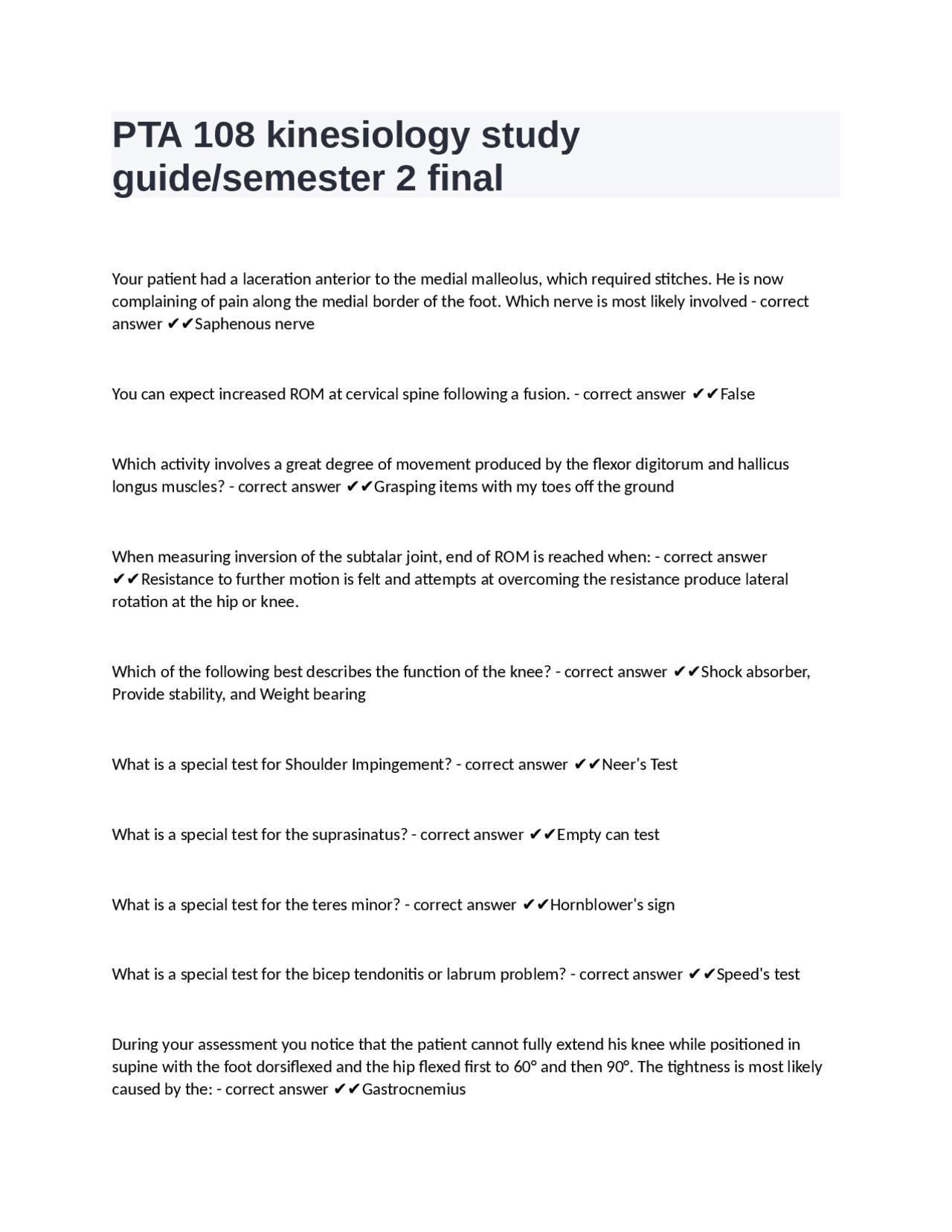 PTA 108 kinesiology study guide/semester 2 final with actual answers ...