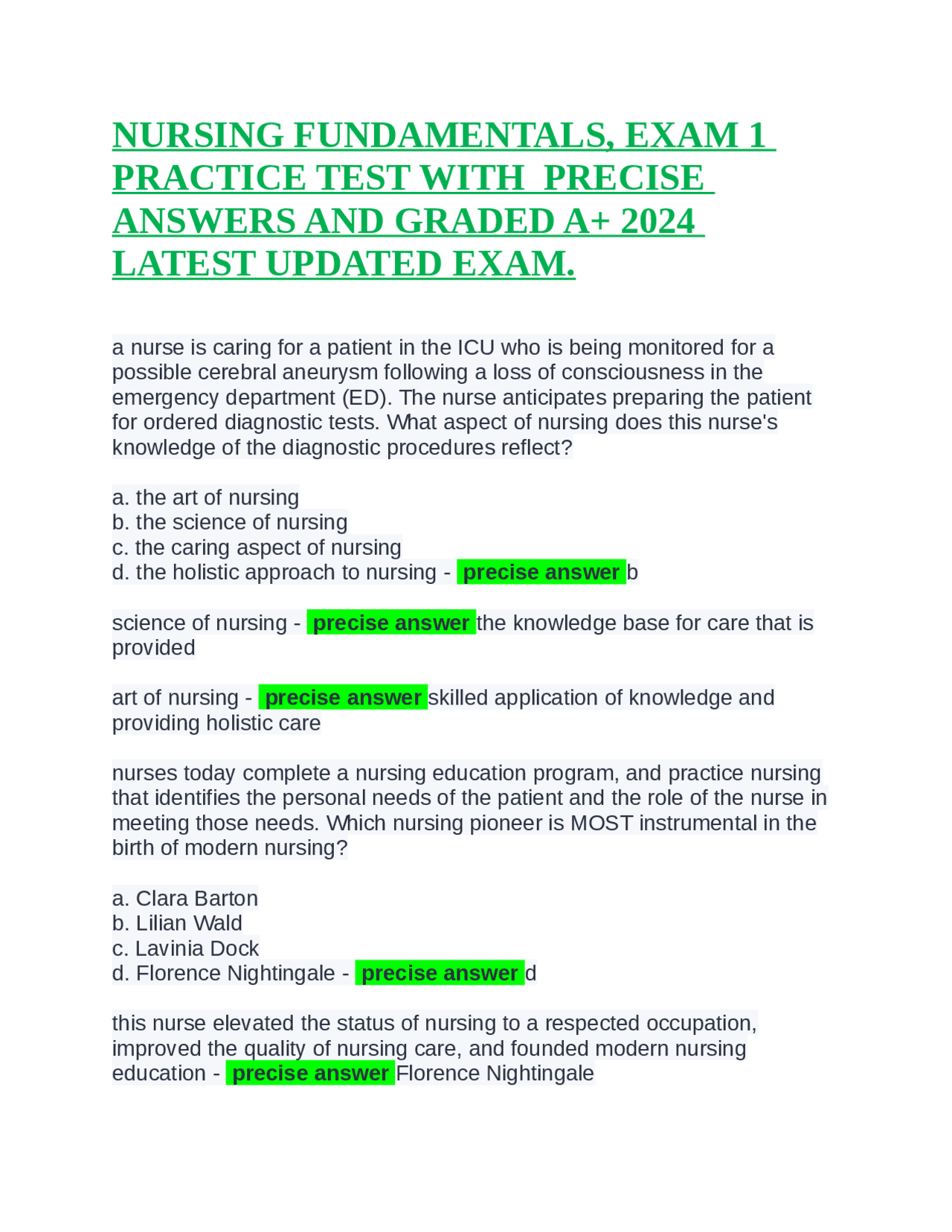 NURSING FUNDAMENTALS, EXAM 1 PRACTICE TEST WITH PRECISE ANSWERS AND ...