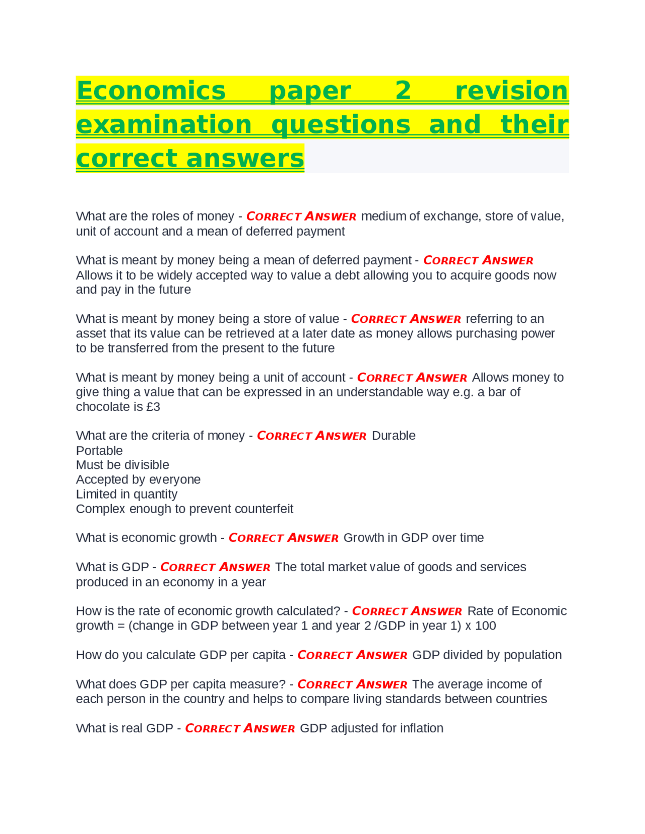 Economics paper 2 revision examination questions and their correct ...