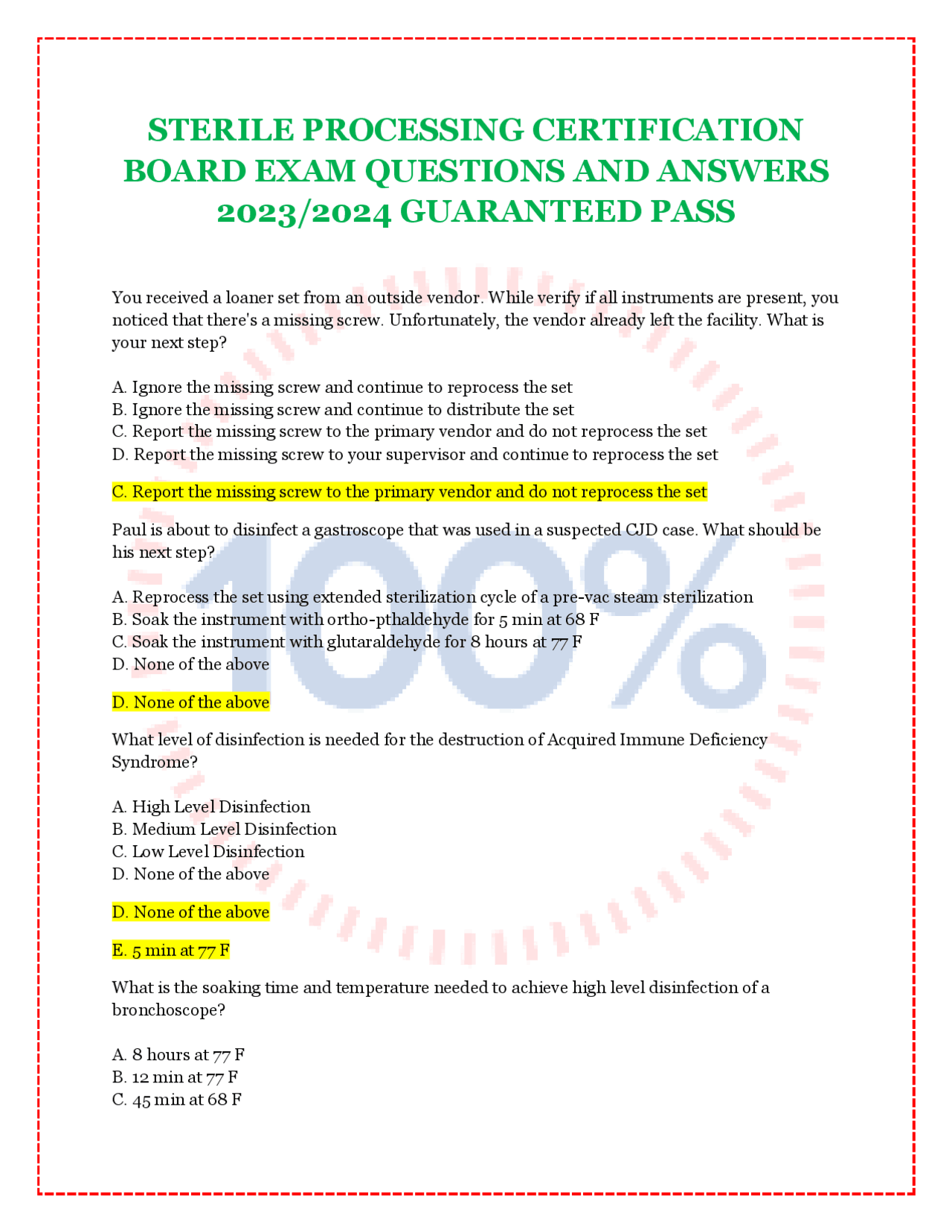 STERILE PROCESSING CERTIFICATION BOARD EXAM QUESTIONS AND ANSWERS 2023/ ...