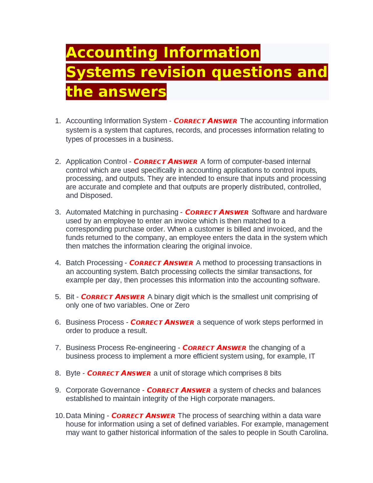 Accounting Information Systems revision questions and the answers | Exams Information Systems ...