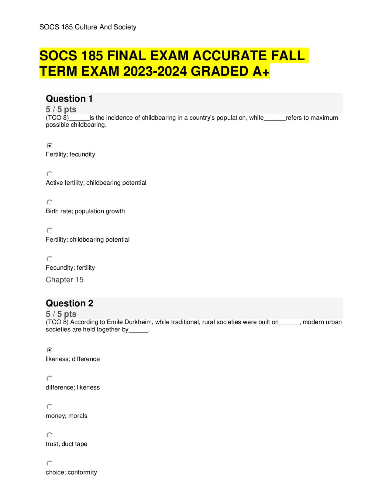 SOCS 185 FINAL EXAM ACCURATE FALL TERM EXAM 2023-2024 GRADED A+ | Exams Culture & Society | Docsity